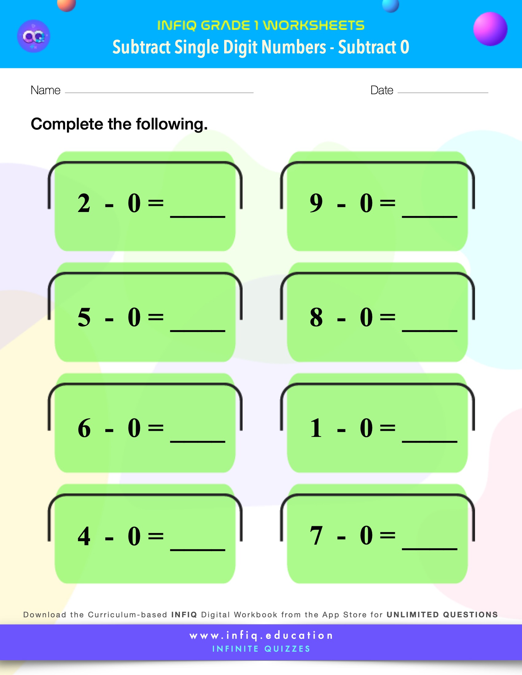 INFIQ GRADE 1 Math Worksheets Subtract Single Digit Numbers Subtract 0 INFIQ GRADE 1 Math Worksheets Subtract Single Digit Numbers Subtract 0