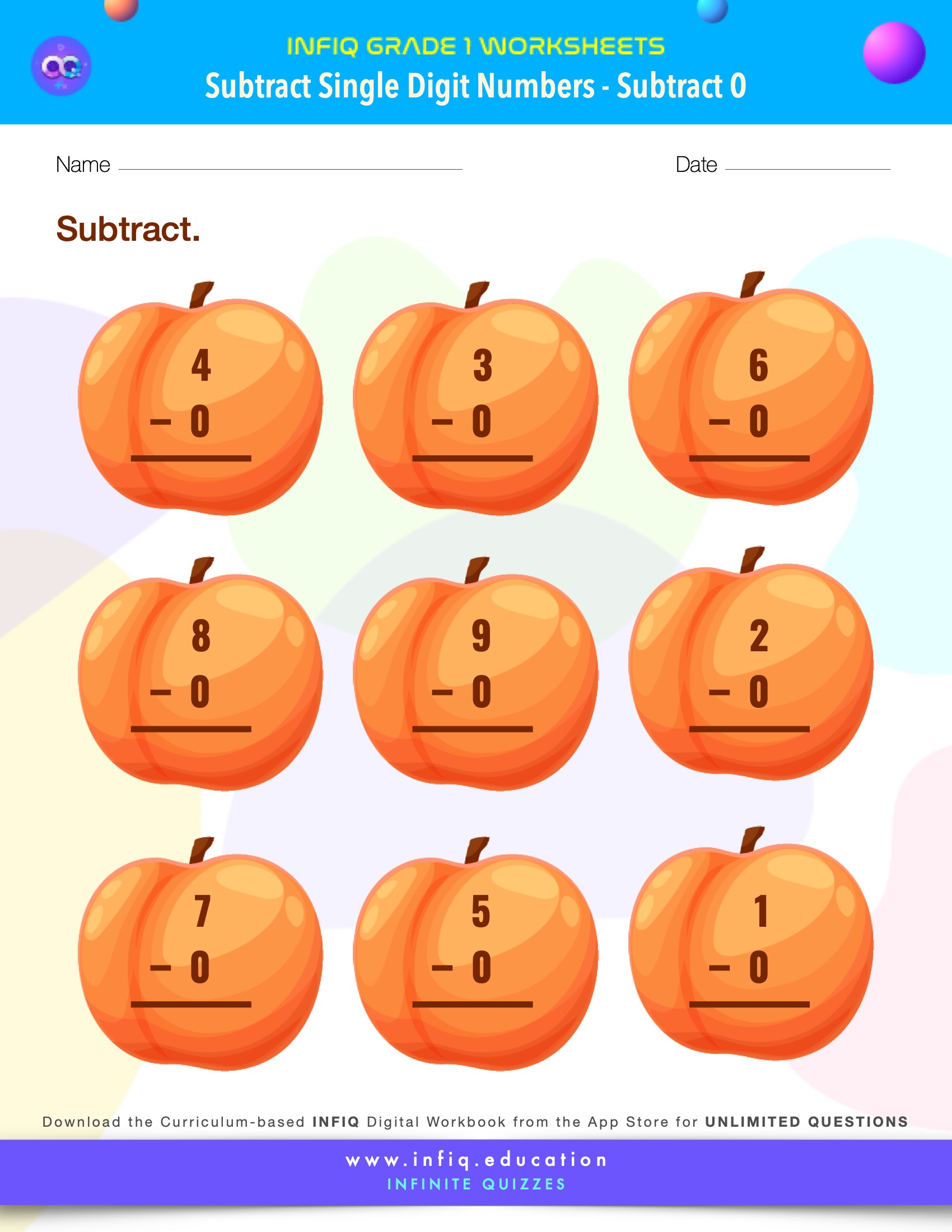 INFIQ | GRADE 1 Math Worksheets- Subtract Single Digit Numbers - Subtract 0