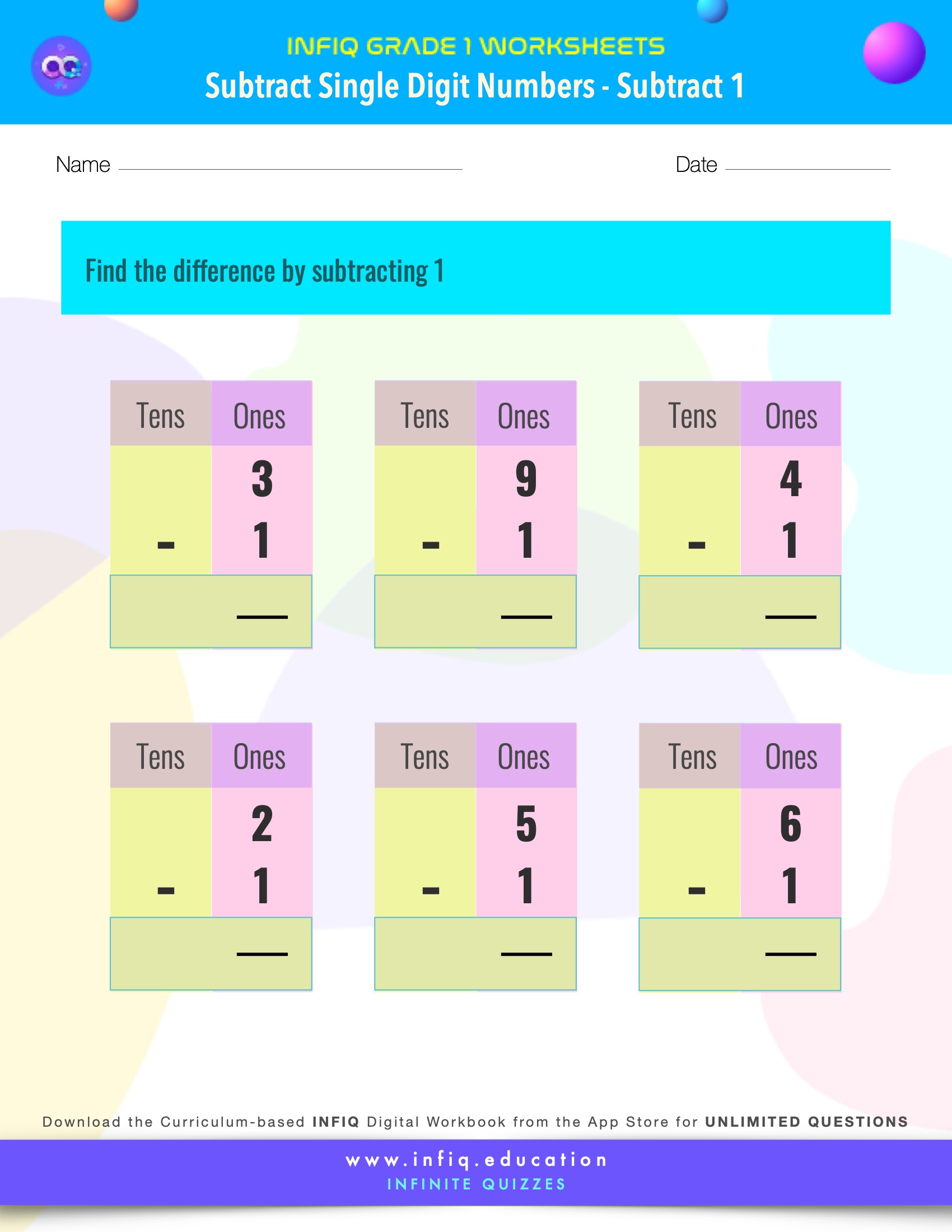 INFIQ | GRADE 1 Math Worksheets- Subtract Single Digit Numbers - Subtract 1