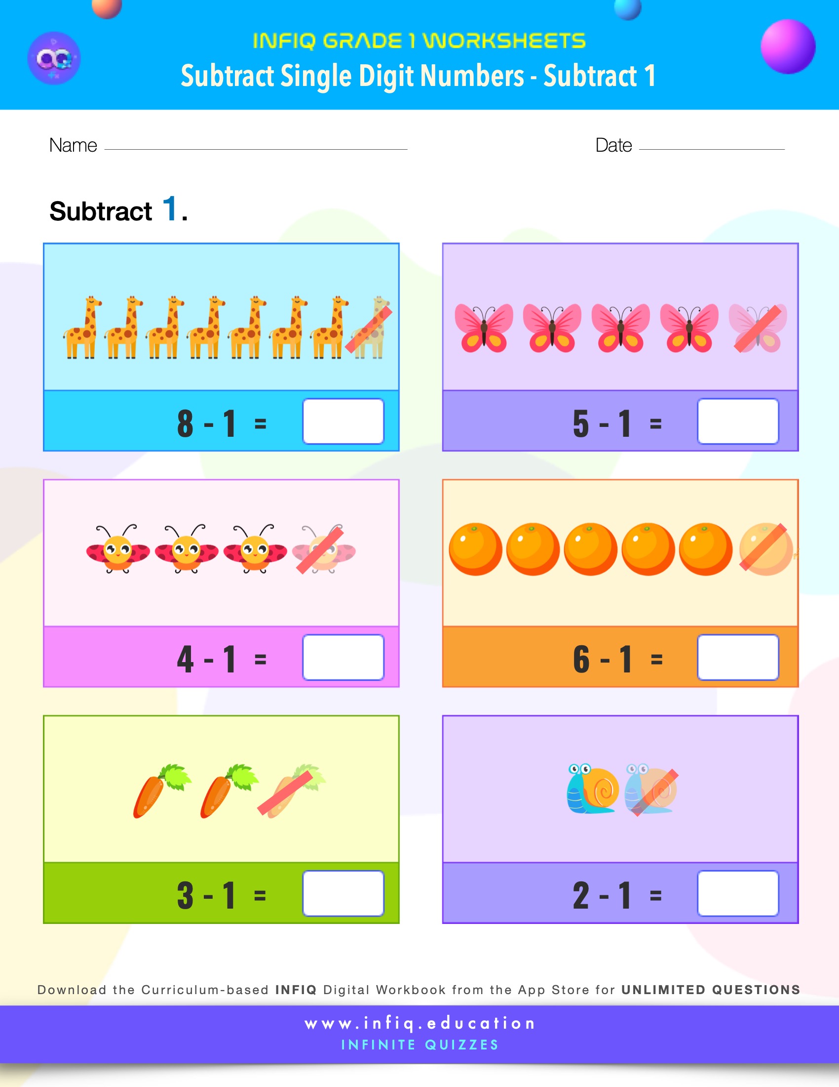 INFIQ | GRADE 1 Math Worksheets- Subtract Single Digit Numbers - Subtract 1