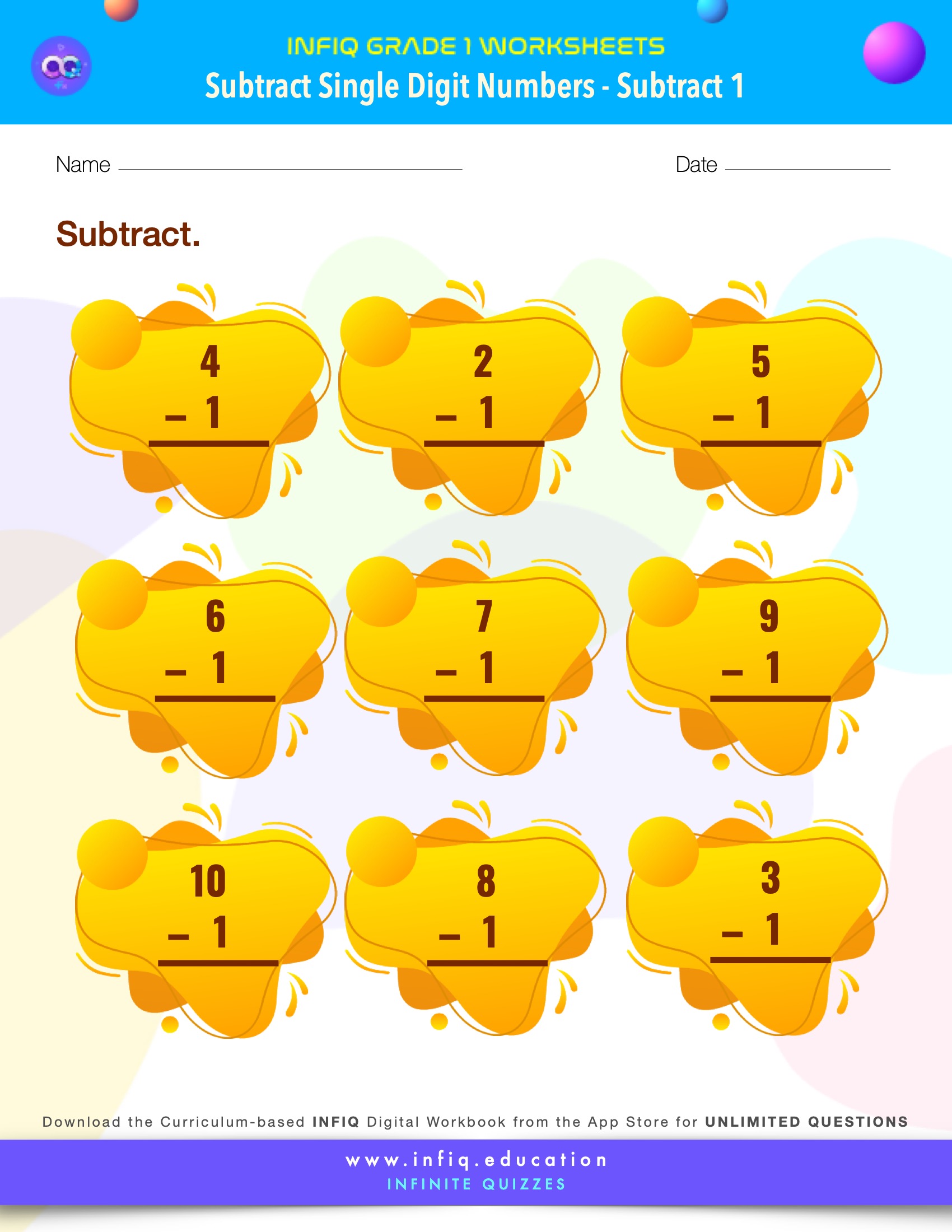 INFIQ | GRADE 1 Math Worksheets- Subtract Single Digit Numbers - Subtract 1