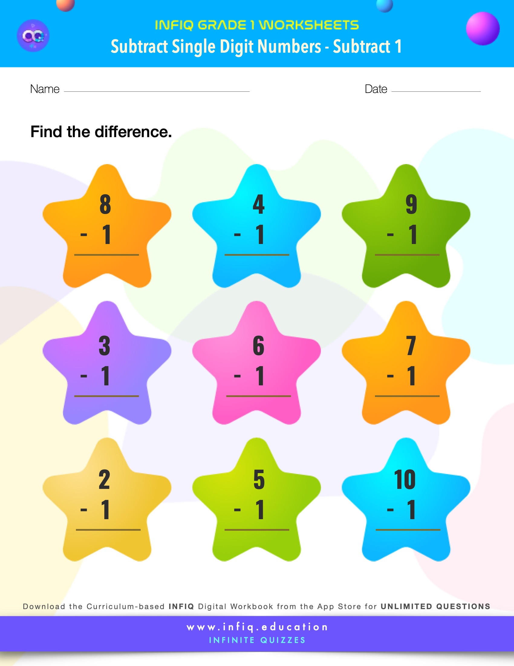 INFIQ | GRADE 1 Math Worksheets- Subtract Single Digit Numbers - Subtract 1