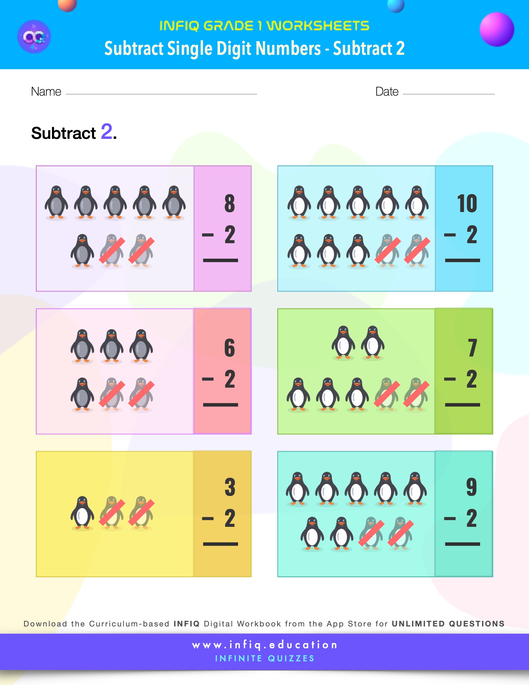 INFIQ | GRADE 1 Math Worksheets- Subtract Single Digit Numbers - Subtract 2