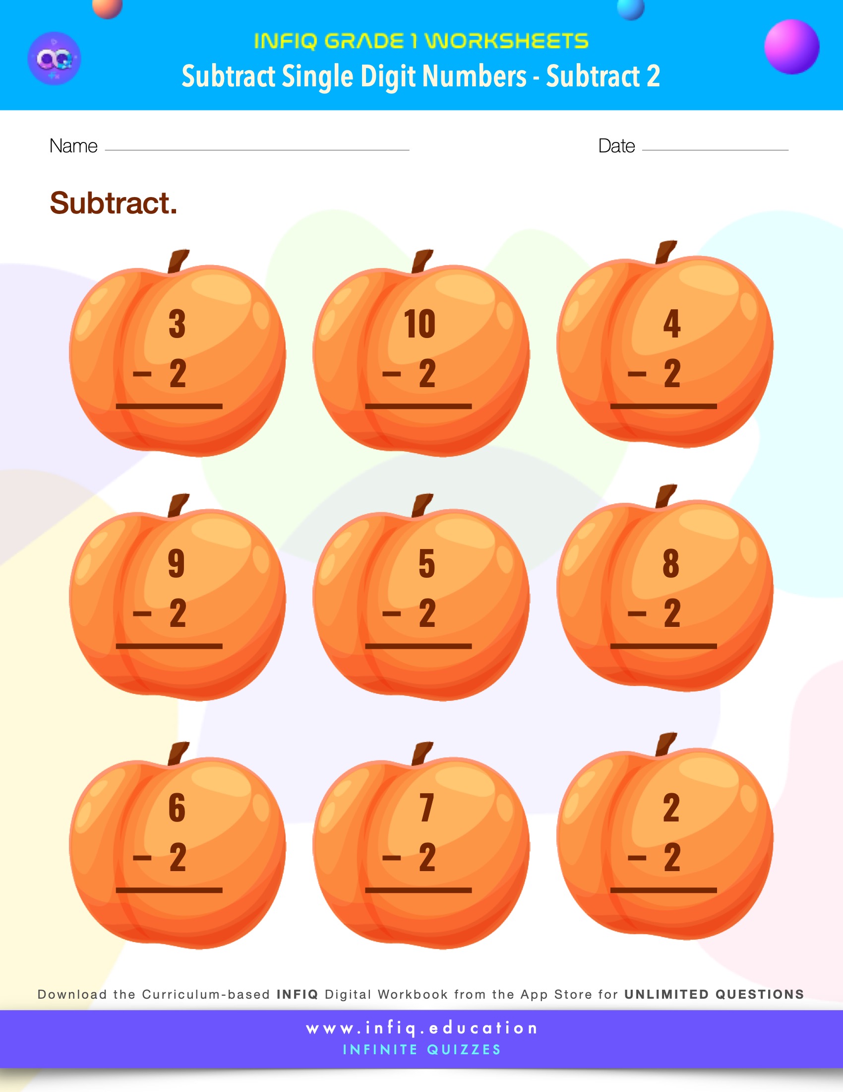 INFIQ | GRADE 1 Math Worksheets- Subtract Single Digit Numbers - Subtract 2