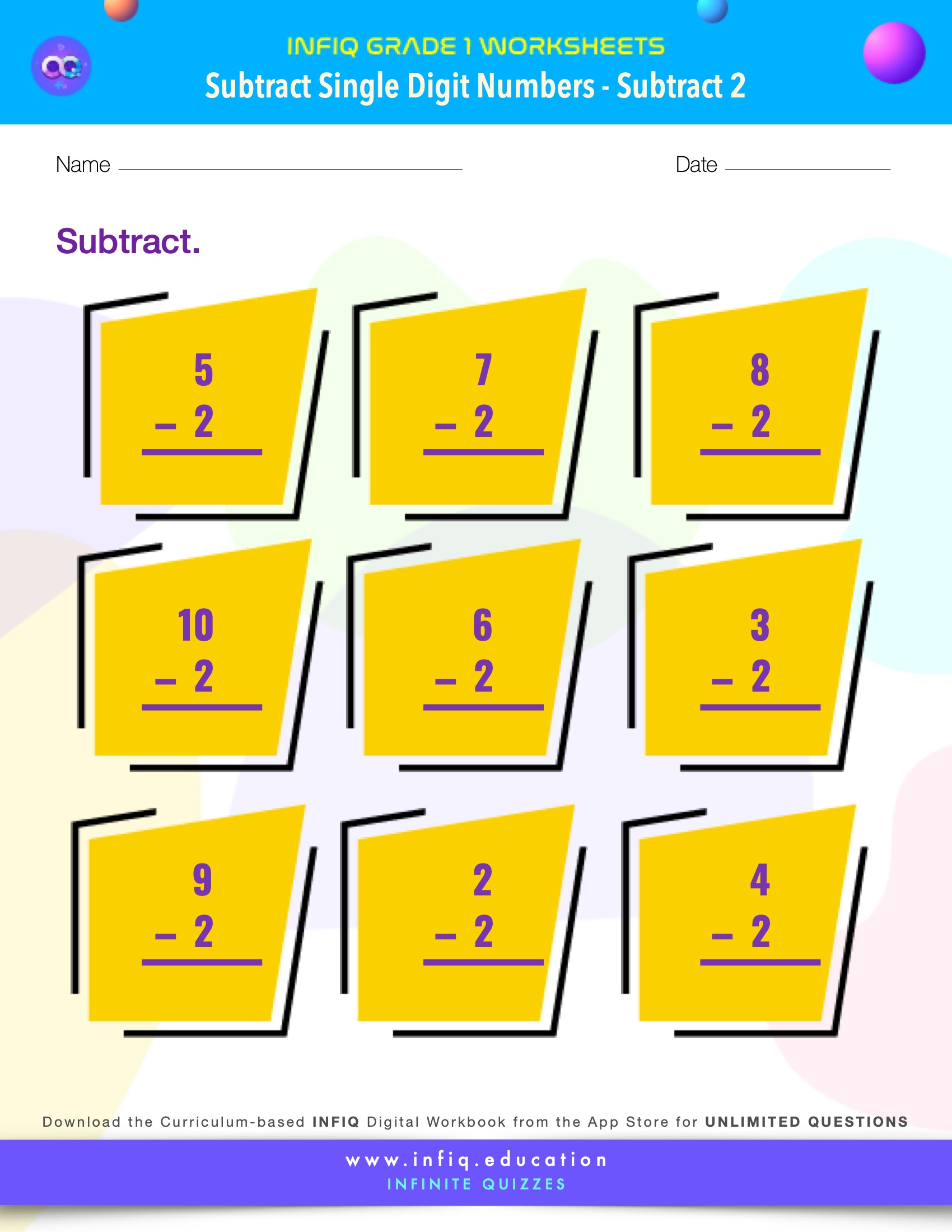 INFIQ | GRADE 1 Math Worksheets- Subtract Single Digit Numbers - Subtract 2