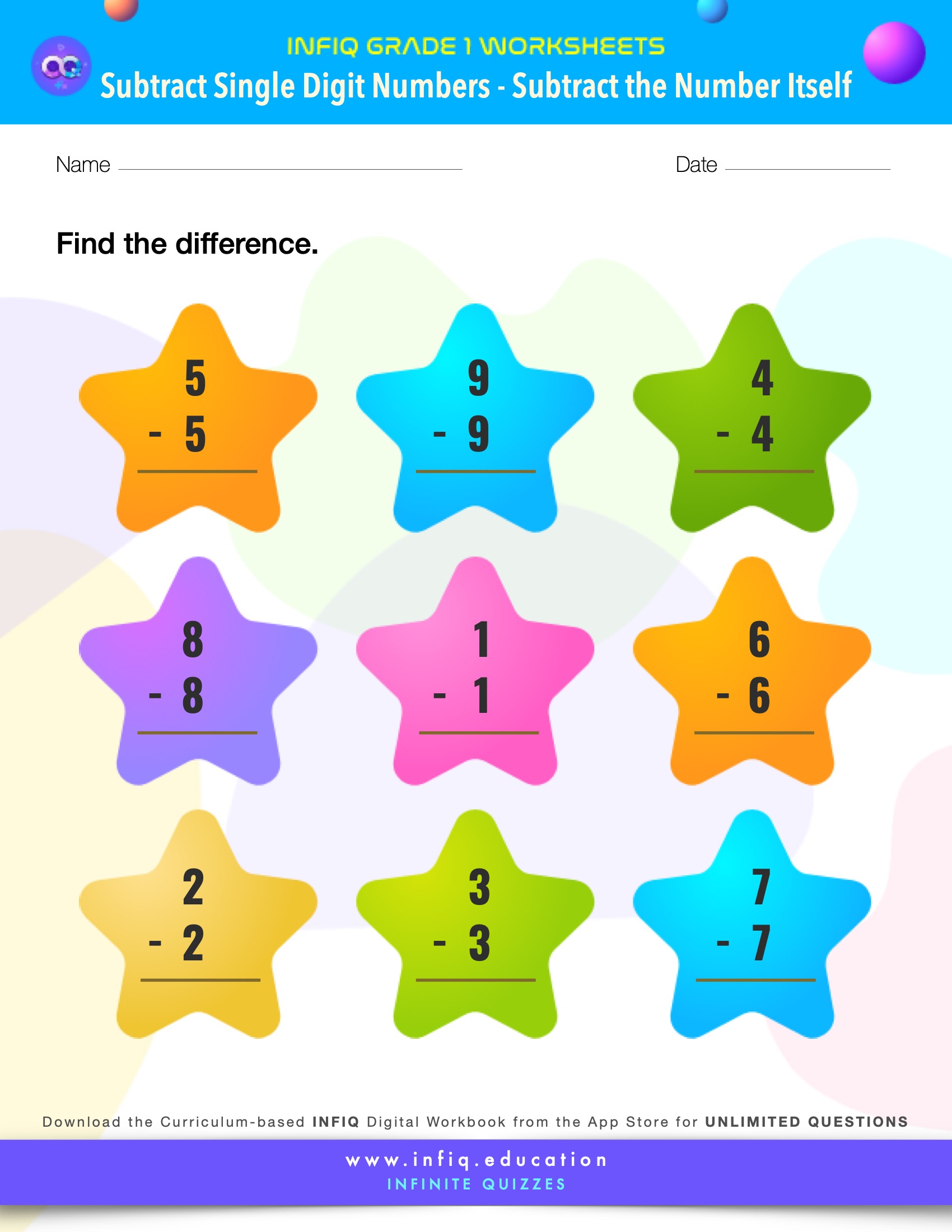 INFIQ | GRADE 1 Math Worksheets- Subtract Single Digit Numbers ...