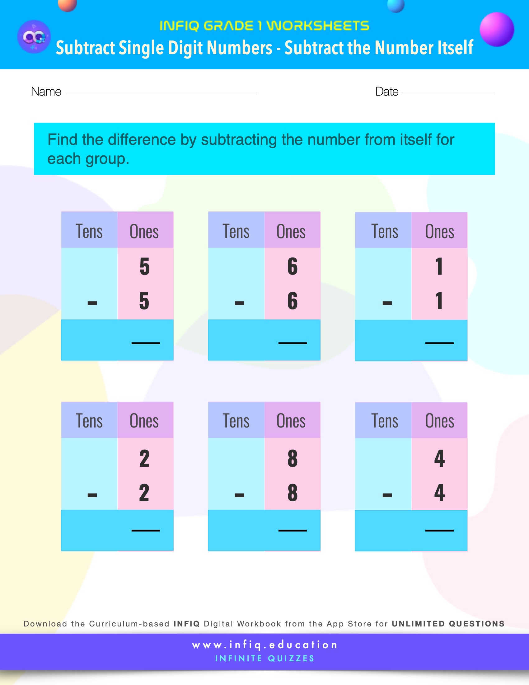 INFIQ | GRADE 1 Math Worksheets- Subtract Single Digit Numbers ...