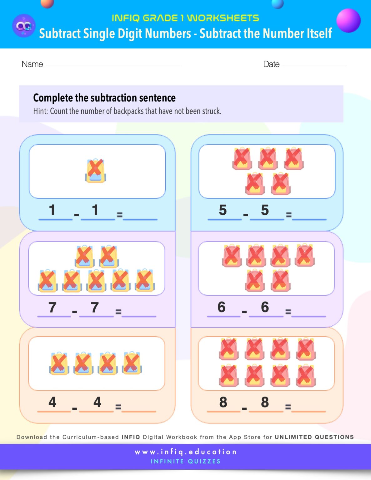 INFIQ | GRADE 1 Math Worksheets- Subtract Single Digit Numbers ...