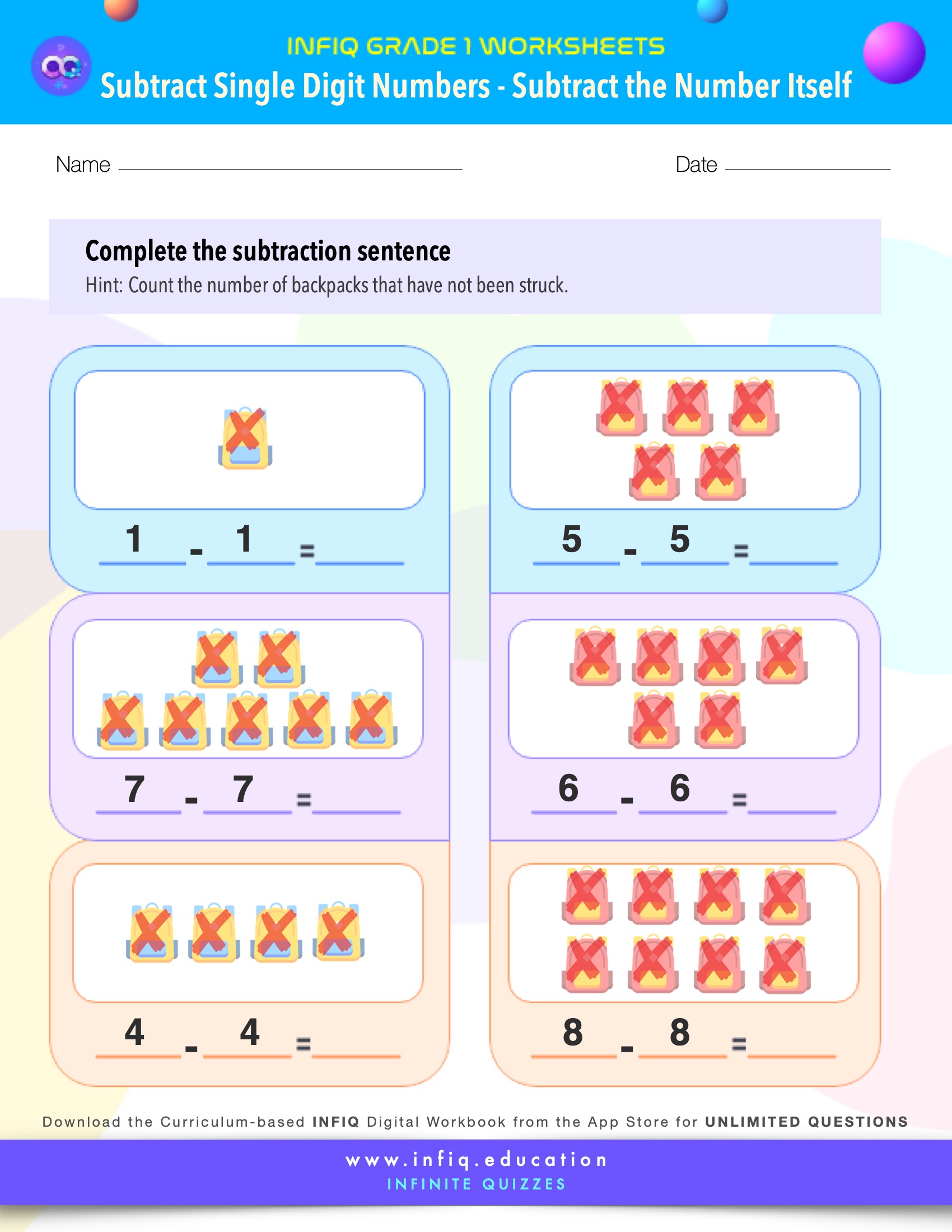 INFIQ | GRADE 1 Math Worksheets- Subtract Single Digit Numbers ...