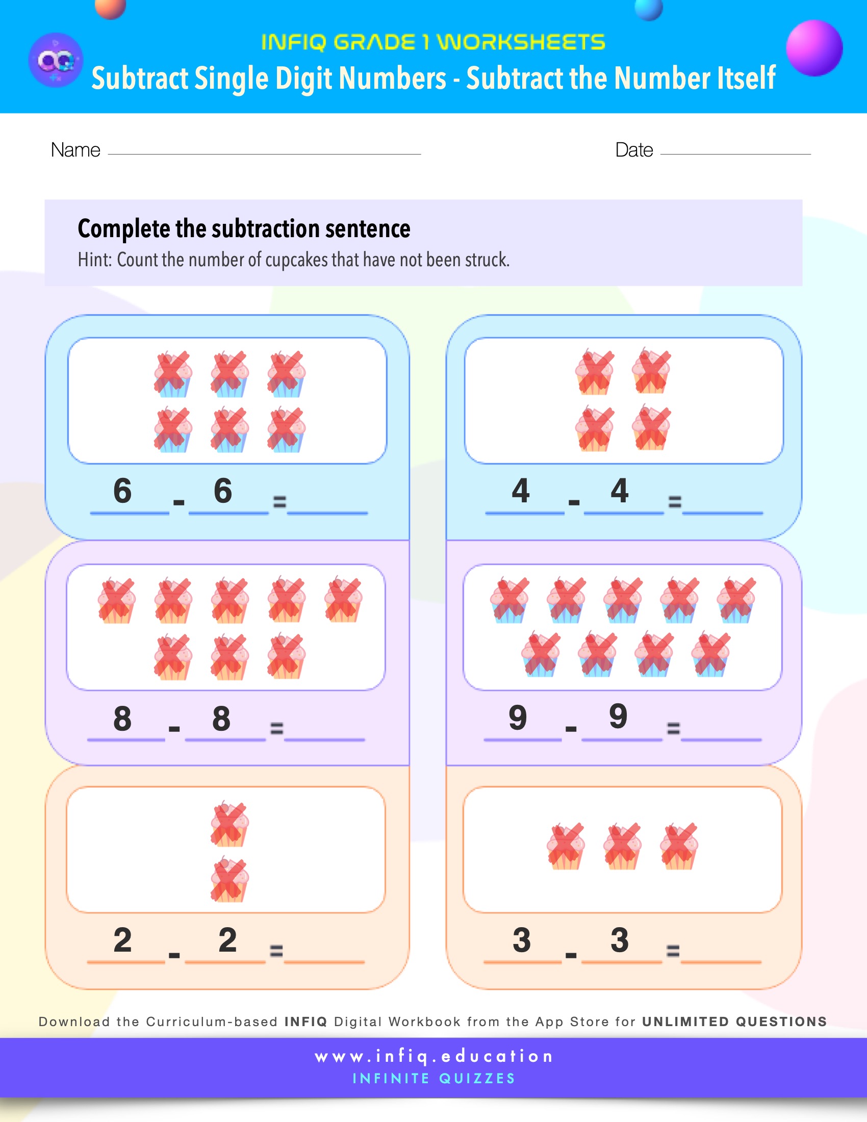 INFIQ | GRADE 1 Math Worksheets- Subtract Single Digit Numbers ...