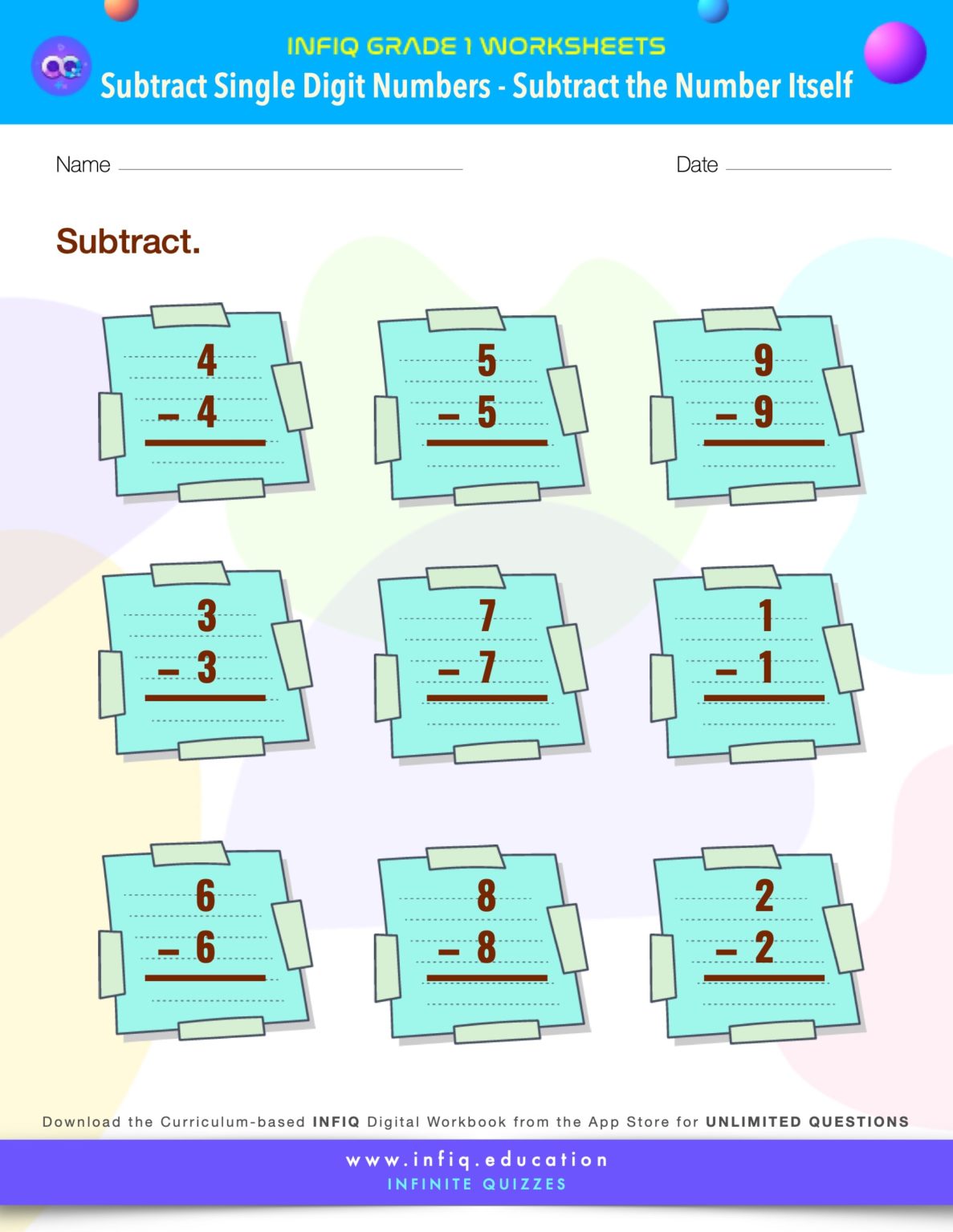 INFIQ | GRADE 1 Math Worksheets- Subtract Single Digit Numbers ...