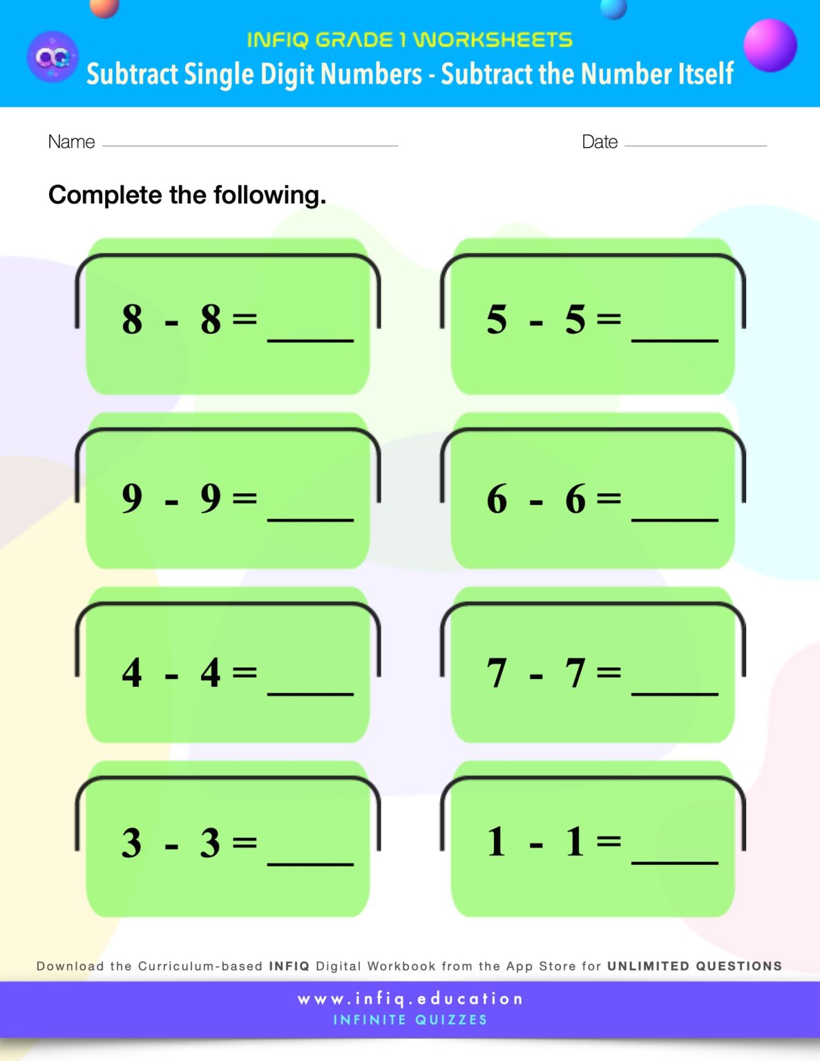 INFIQ | GRADE 1 Math Worksheets- Subtract Single Digit Numbers ...
