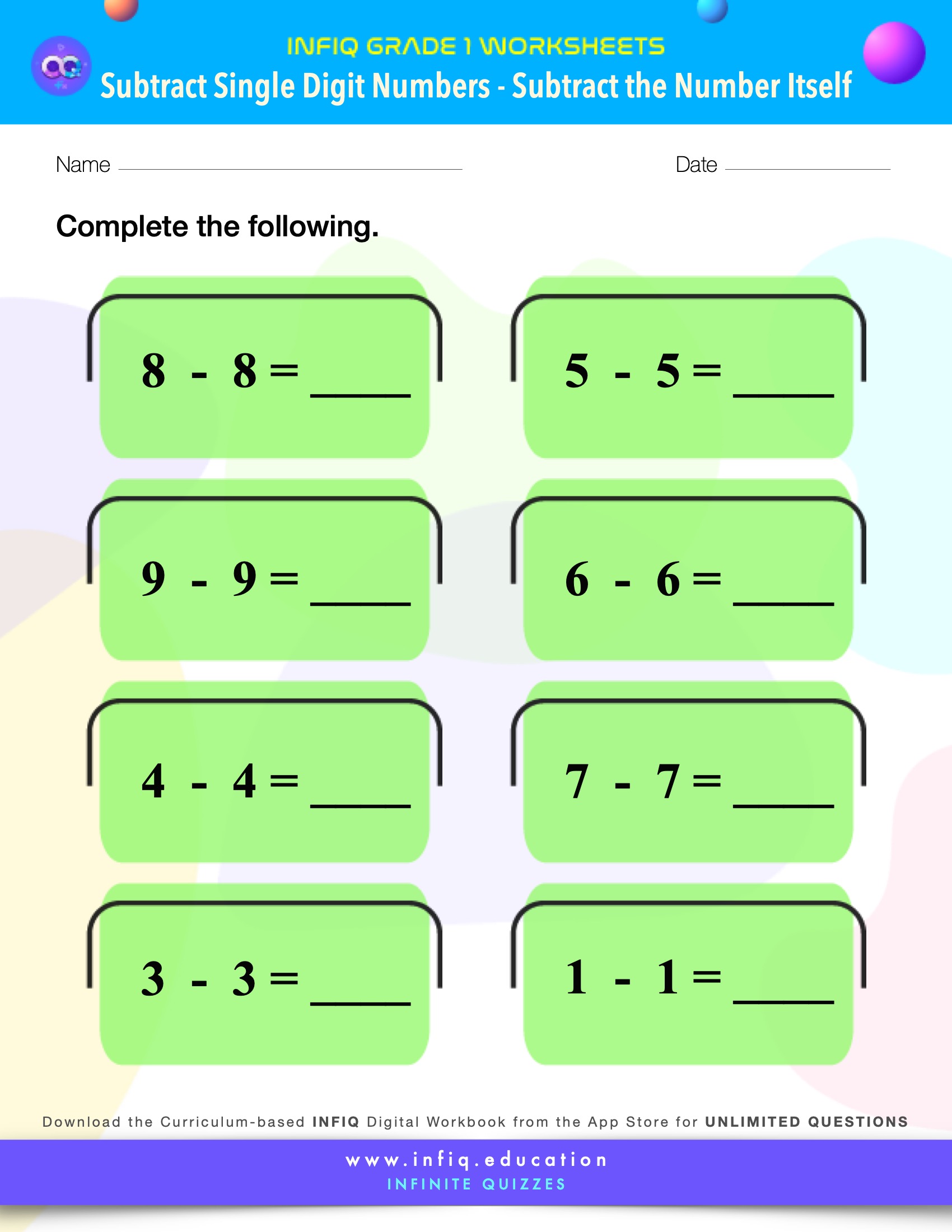 INFIQ GRADE 1 Math Worksheets Subtract Single Digit Numbers infiq-grade-1-math-worksheets-subtract-single-digit-numbers