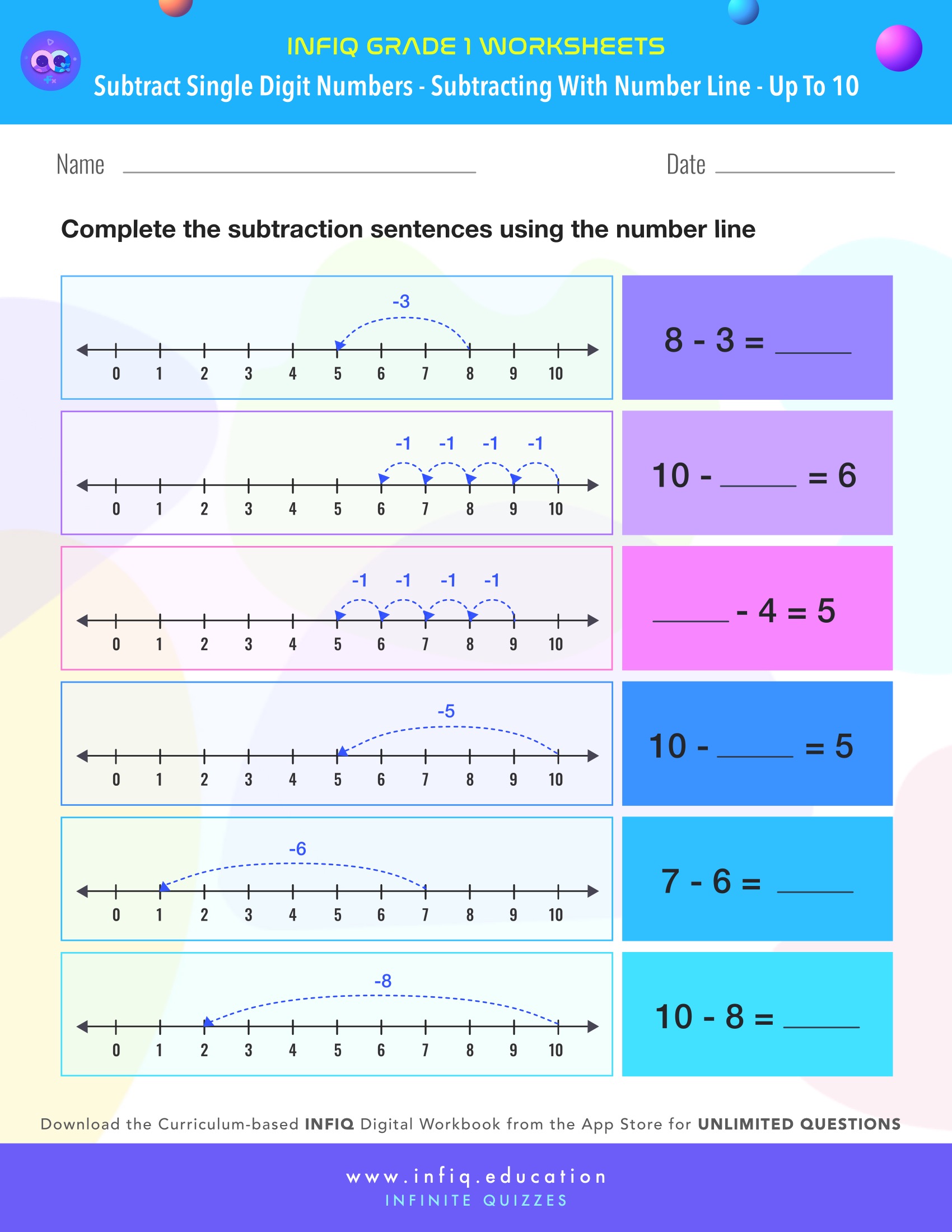 INFIQ | GRADE 1 Math Worksheets- Subtract Single Digit Numbers ...
