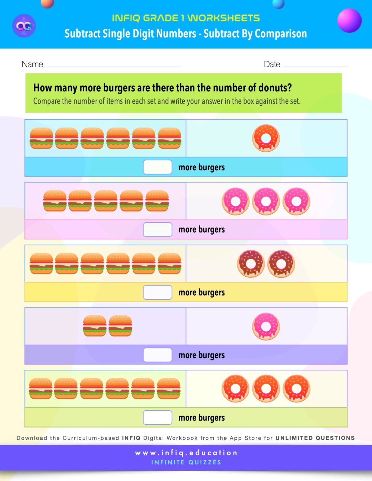 INFIQ | GRADE 1 Math Worksheets- Subtract Single Digit Numbers ...