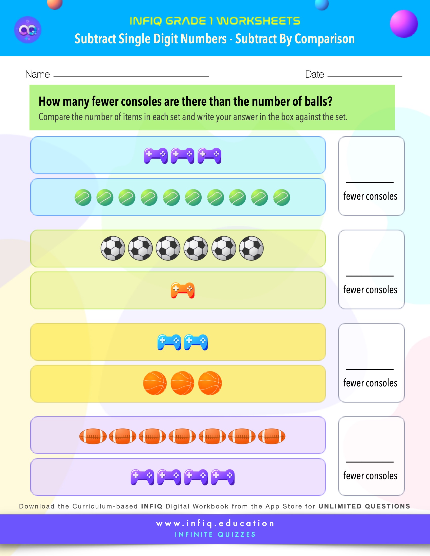 INFIQ | GRADE 1 Math Worksheets- Subtract Single Digit Numbers ...