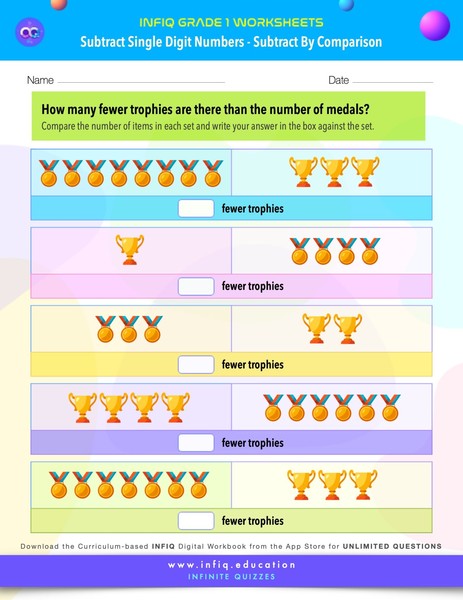 INFIQ | GRADE 1 Math Worksheets- Subtract Single Digit Numbers ...