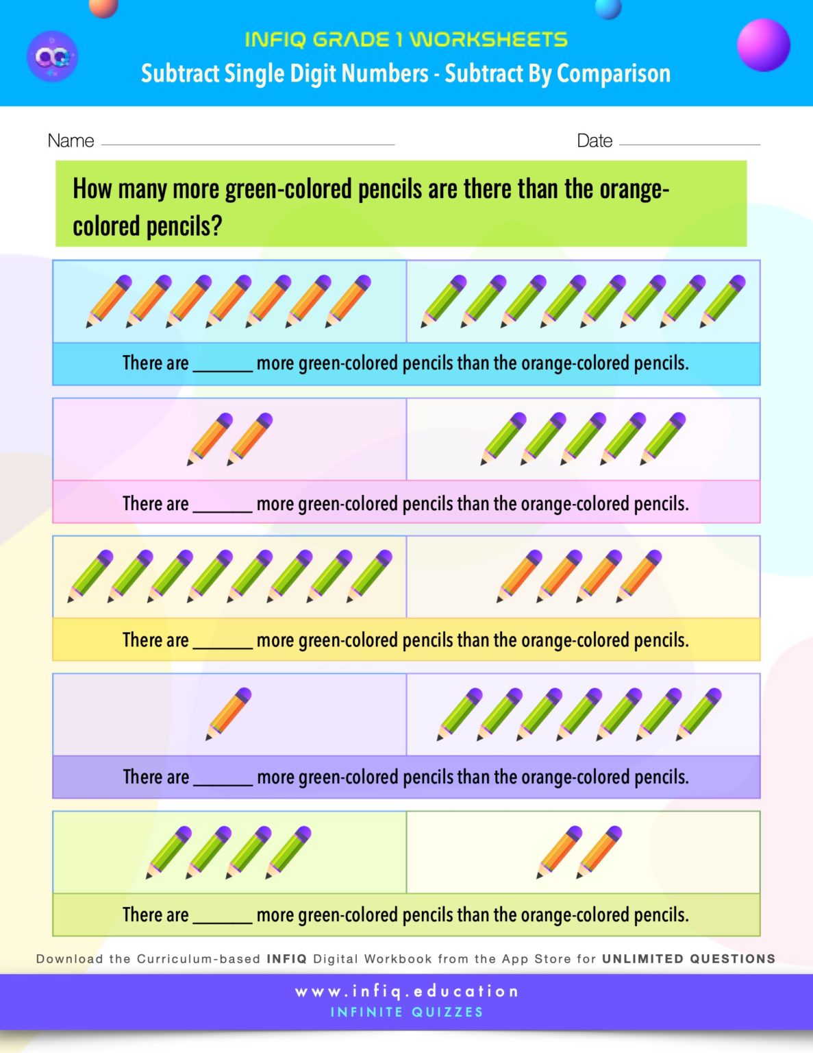 INFIQ | GRADE 1 Math Worksheets- Subtract Single Digit Numbers ...