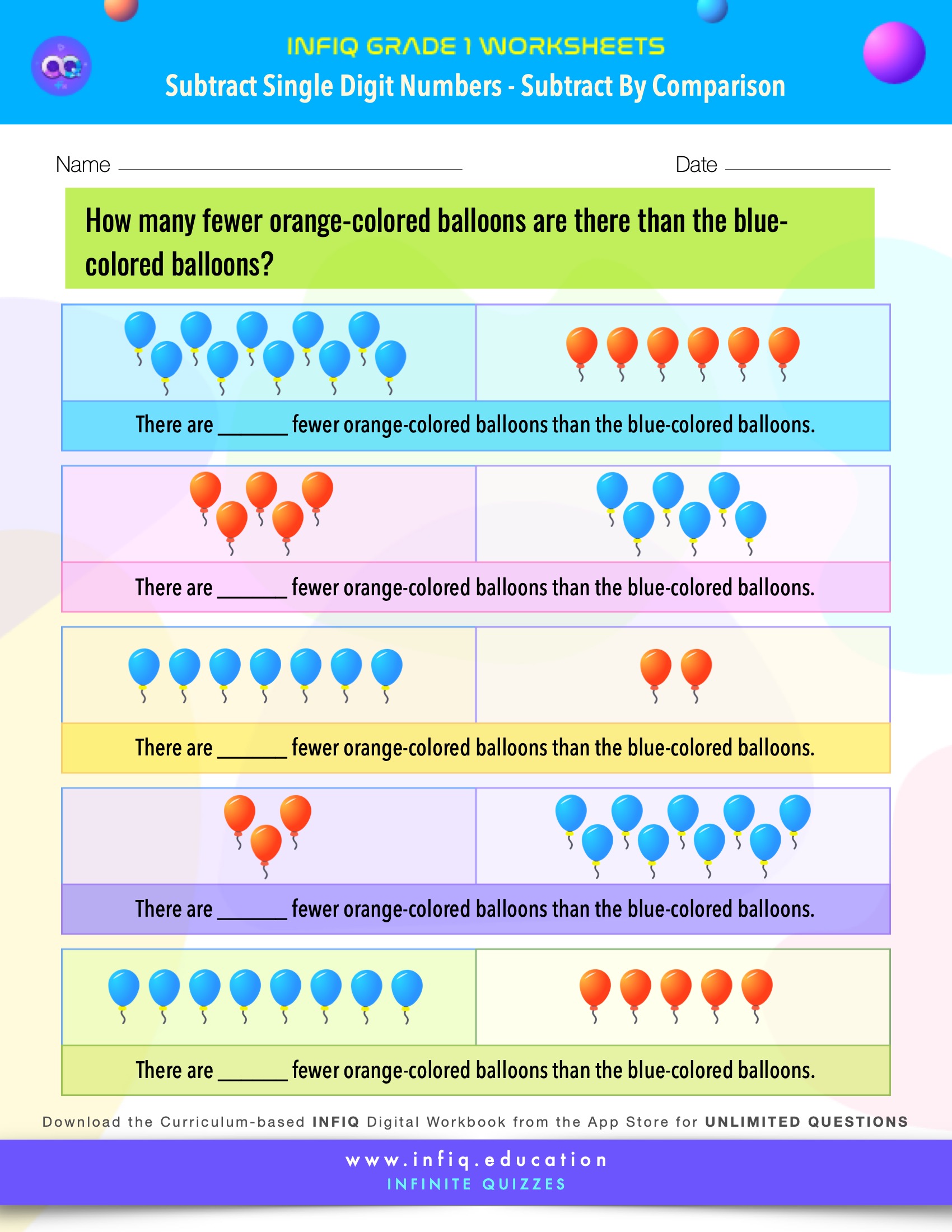 INFIQ | GRADE 1 Math Worksheets- Subtract Single Digit Numbers ...