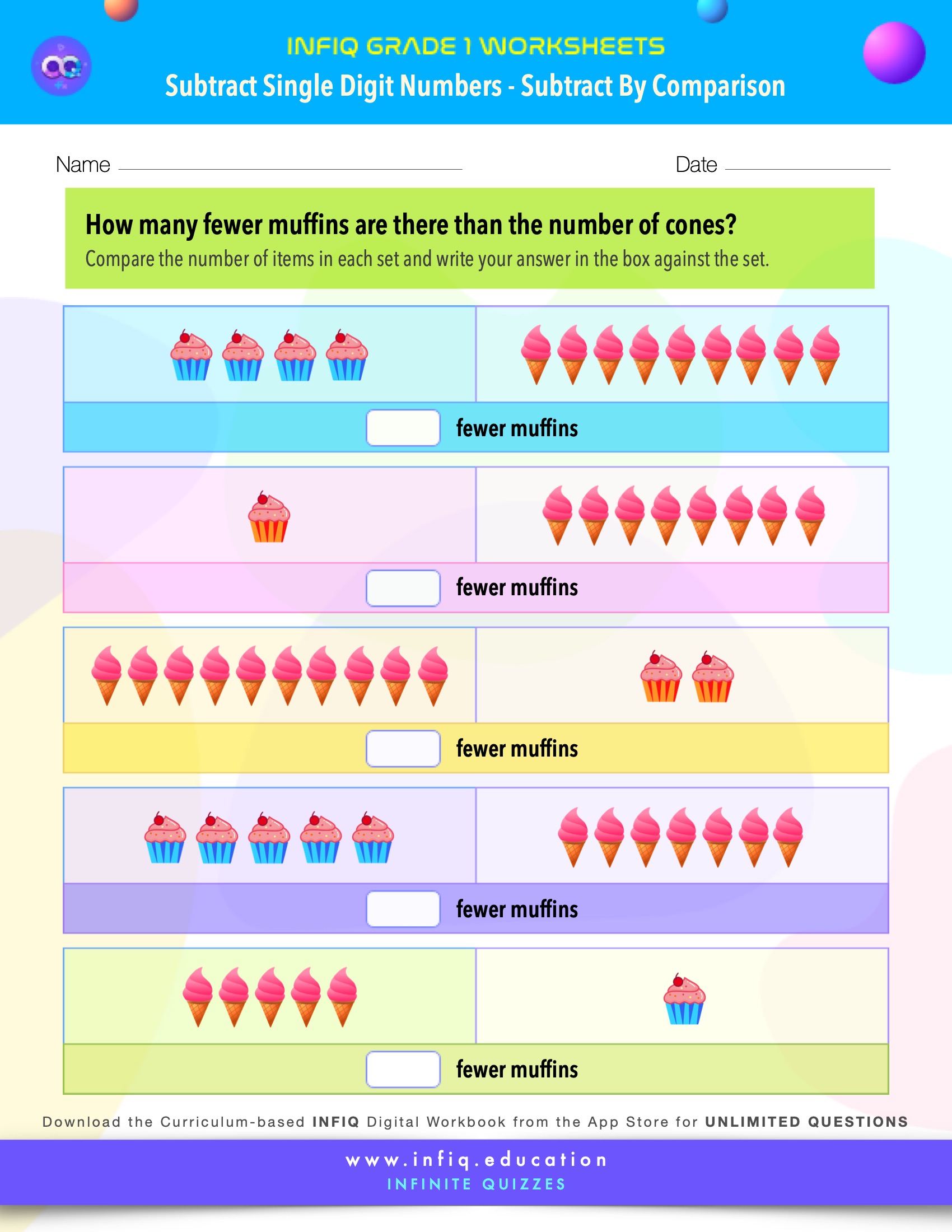 INFIQ | GRADE 1 Math Worksheets- Subtract Single Digit Numbers ...