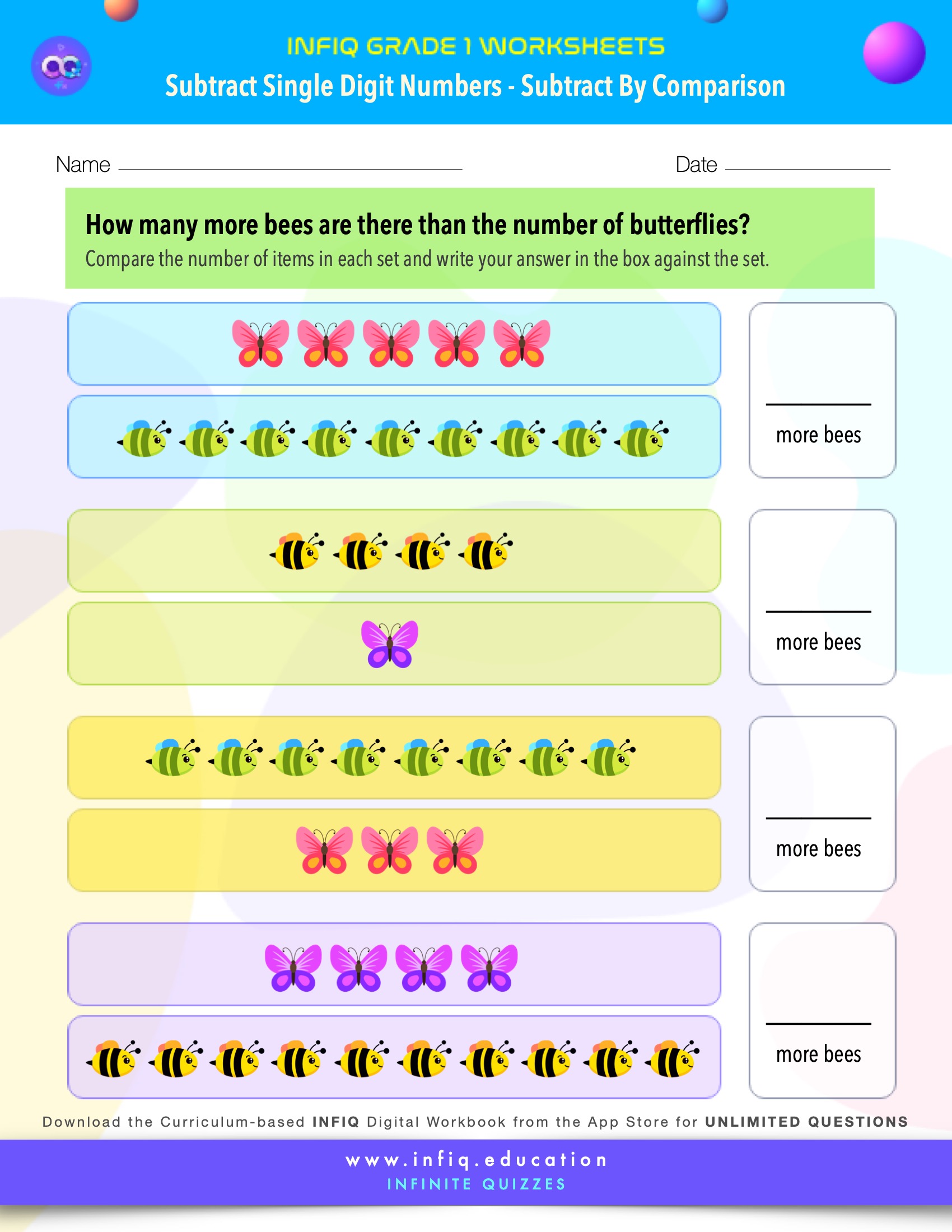 INFIQ | GRADE 1 Math Worksheets- Subtract Single Digit Numbers ...