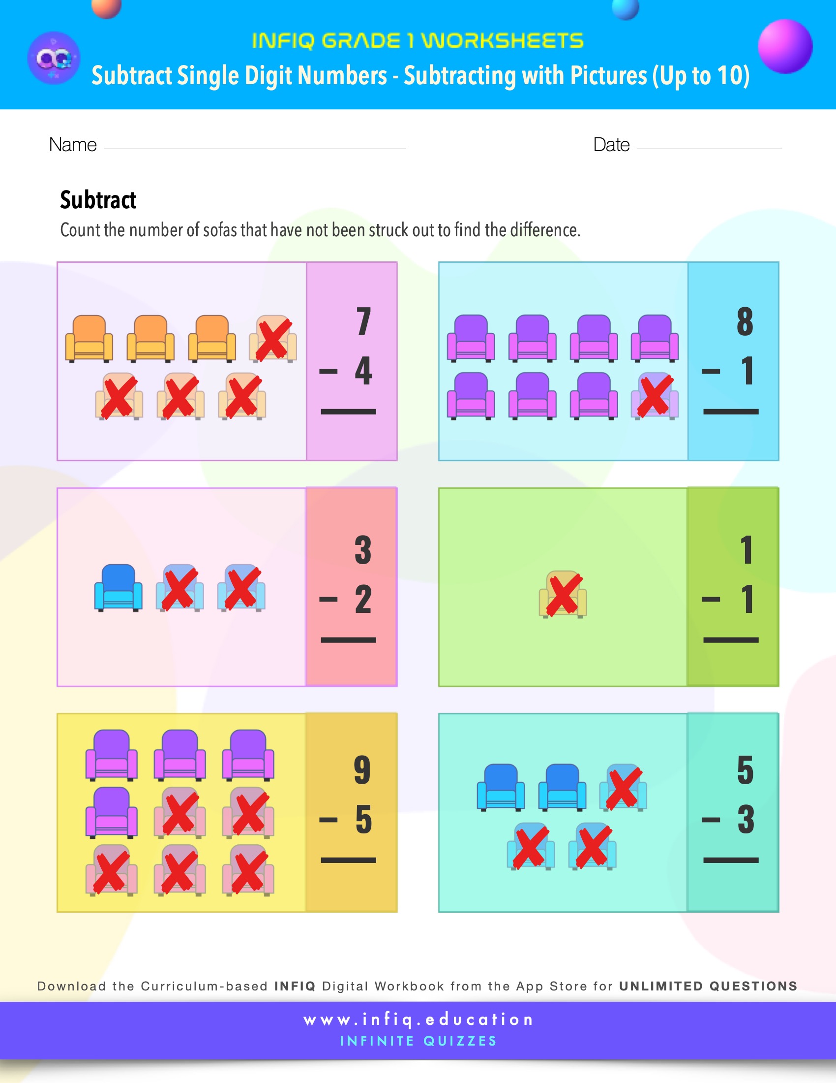 INFIQ | GRADE 1 Math Worksheets- Subtract Single Digit Numbers ...