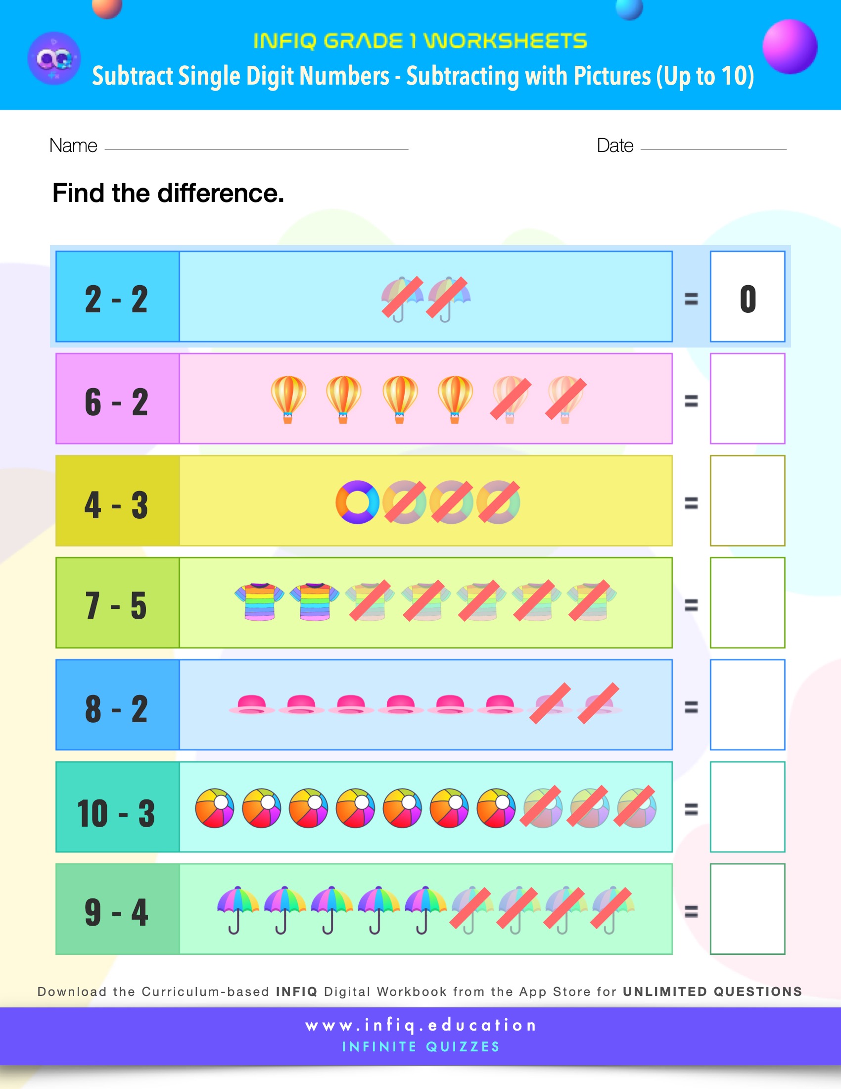 INFIQ | GRADE 1 Math Worksheets- Subtract Single Digit Numbers ...