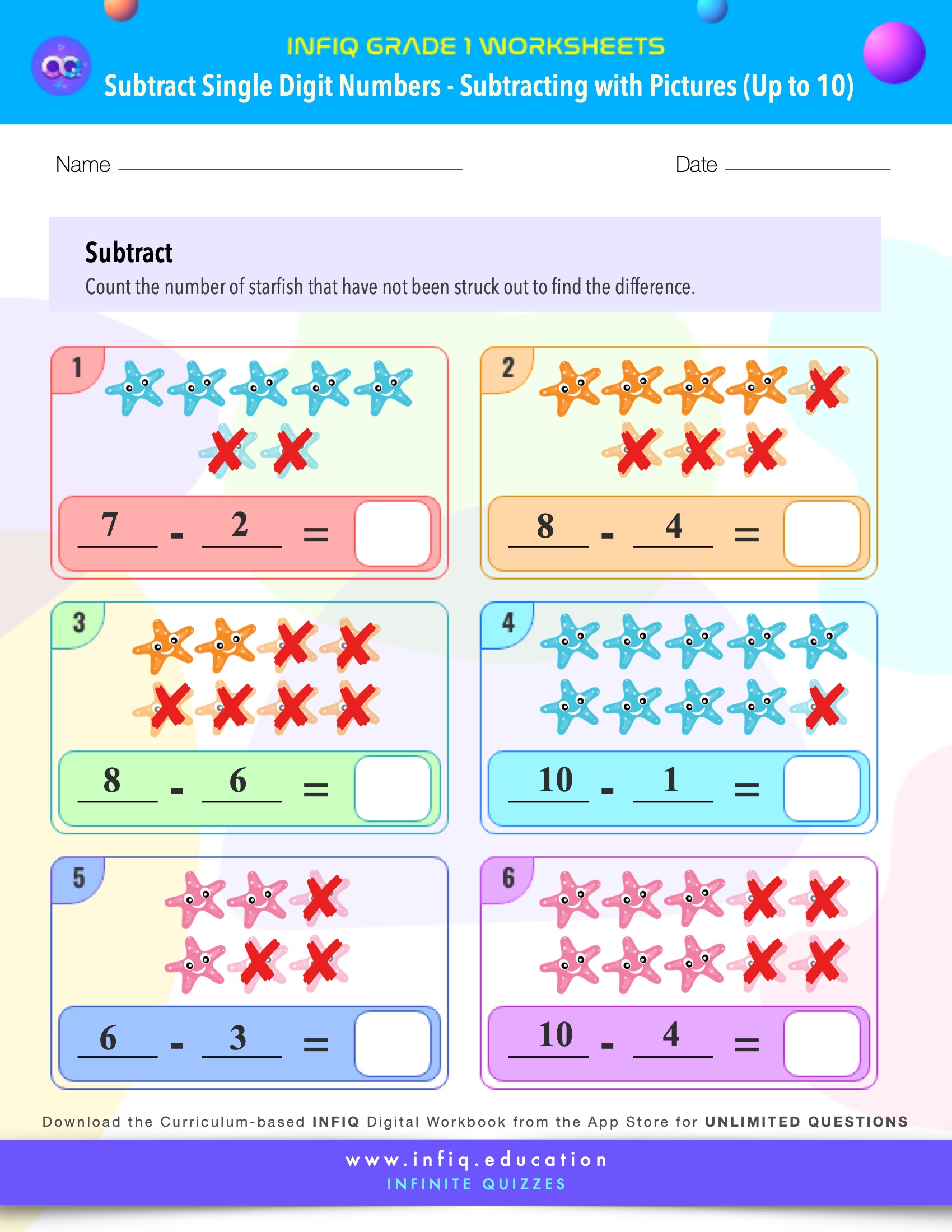 INFIQ | GRADE 1 Math Worksheets- Subtract Single Digit Numbers ...