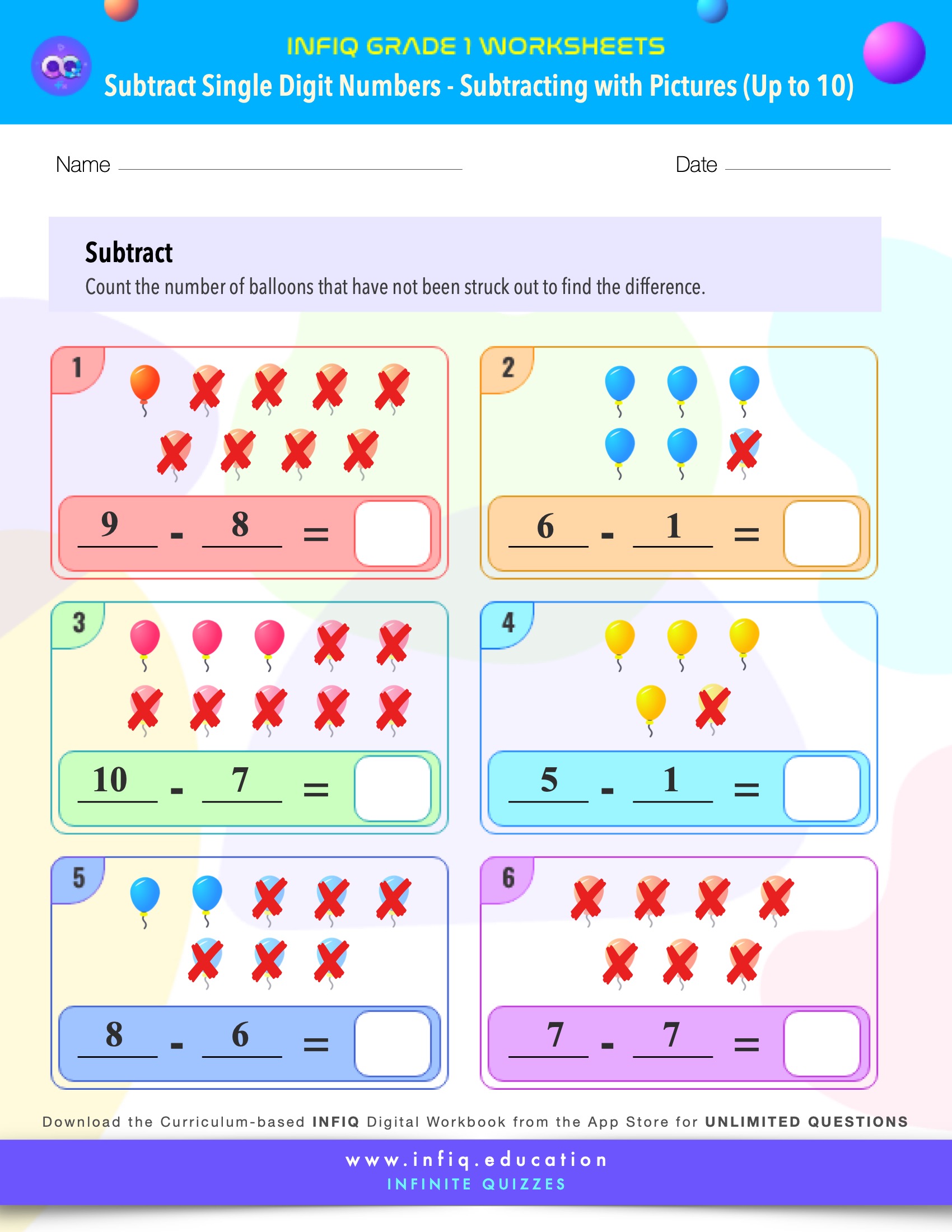 INFIQ | GRADE 1 Math Worksheets- Subtract Single Digit Numbers ...