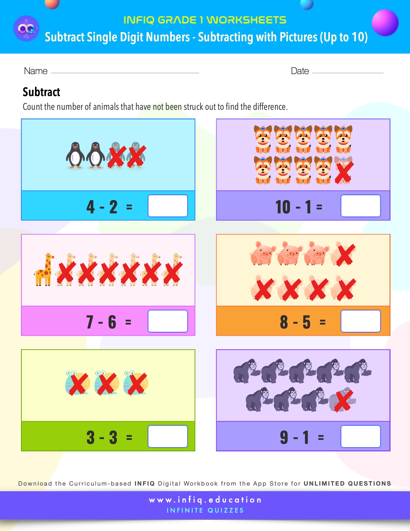 INFIQ | GRADE 1 Math Worksheets- Subtract Single Digit Numbers ...