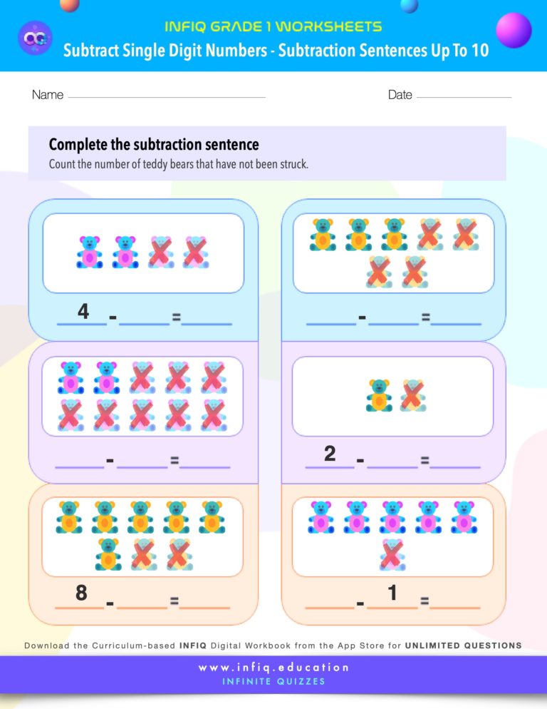 INFIQ | GRADE 1 Math Worksheets- Subtract Single Digit Numbers ...