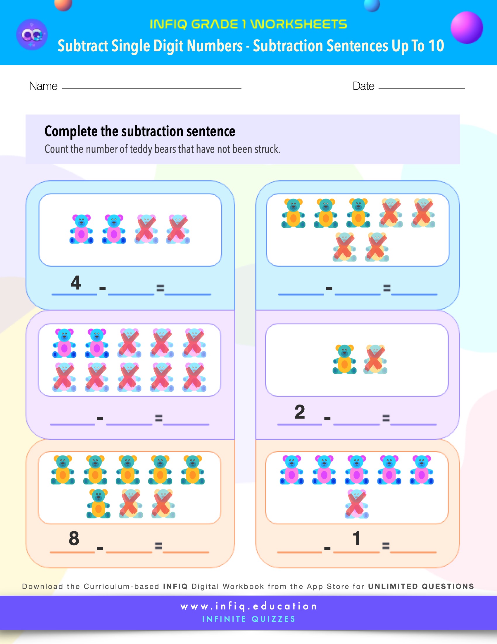 INFIQ | GRADE 1 Math Worksheets- Subtract Single Digit Numbers ...
