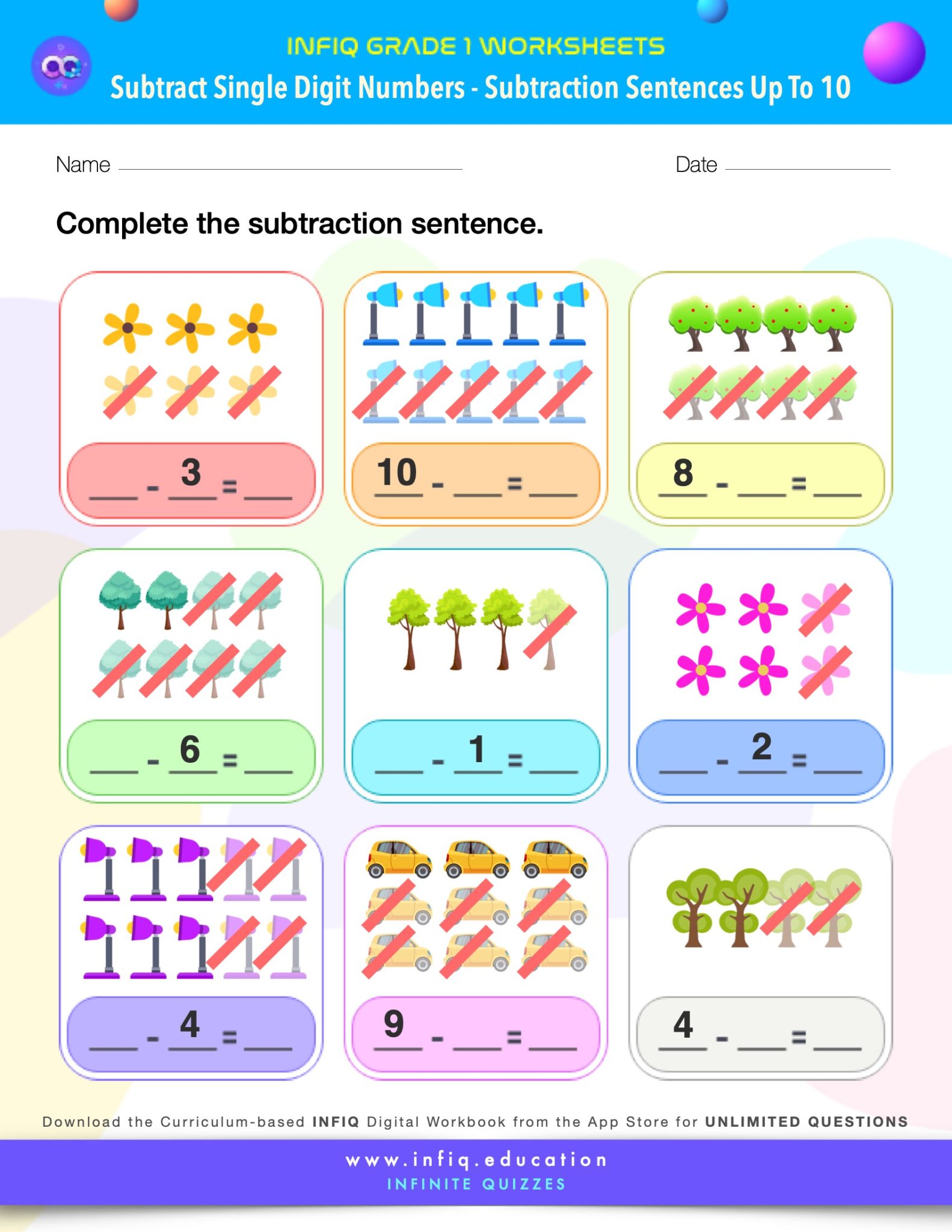 INFIQ | GRADE 1 Math Worksheets- Subtract Single Digit Numbers ...