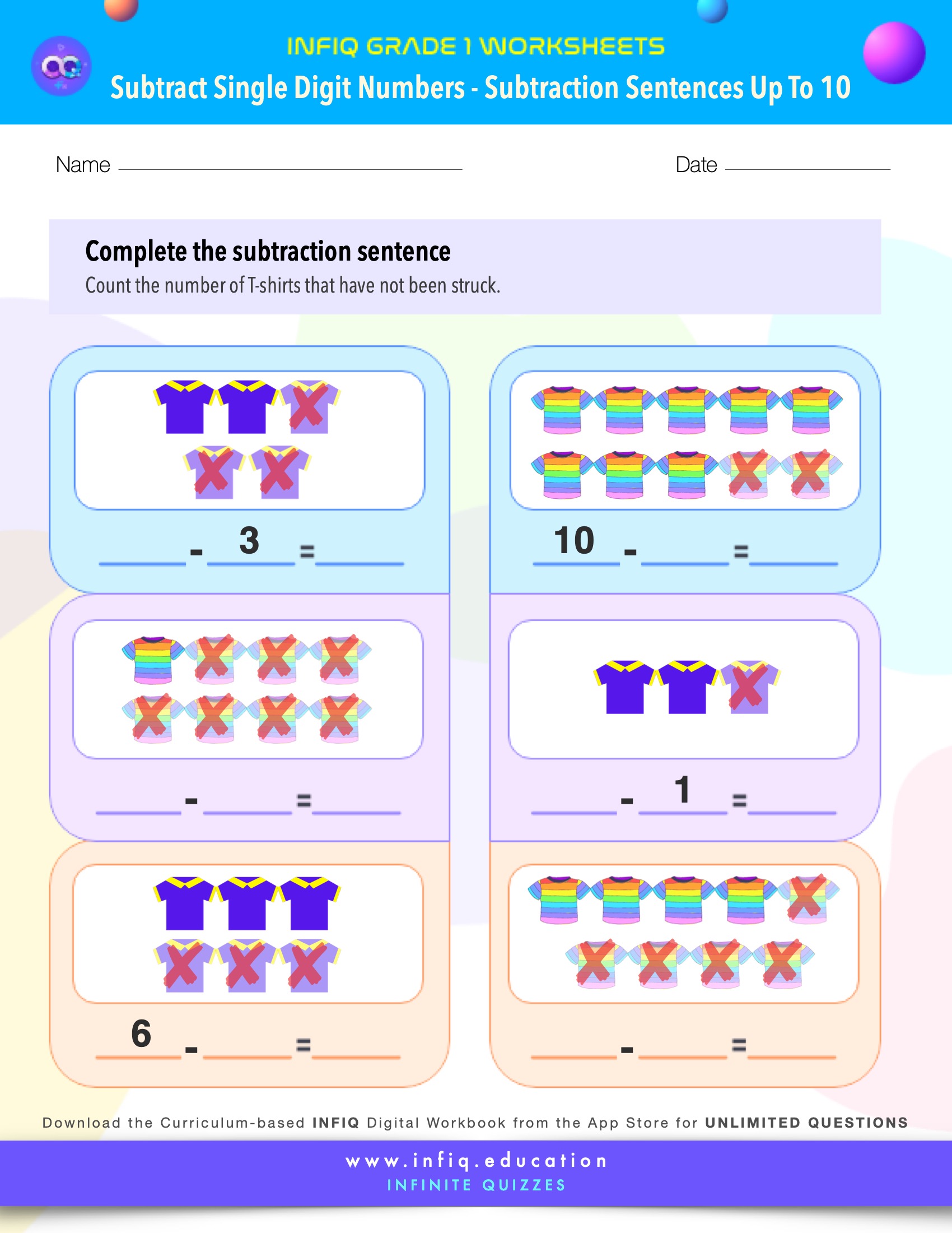 INFIQ | GRADE 1 Math Worksheets- Subtract Single Digit Numbers ...
