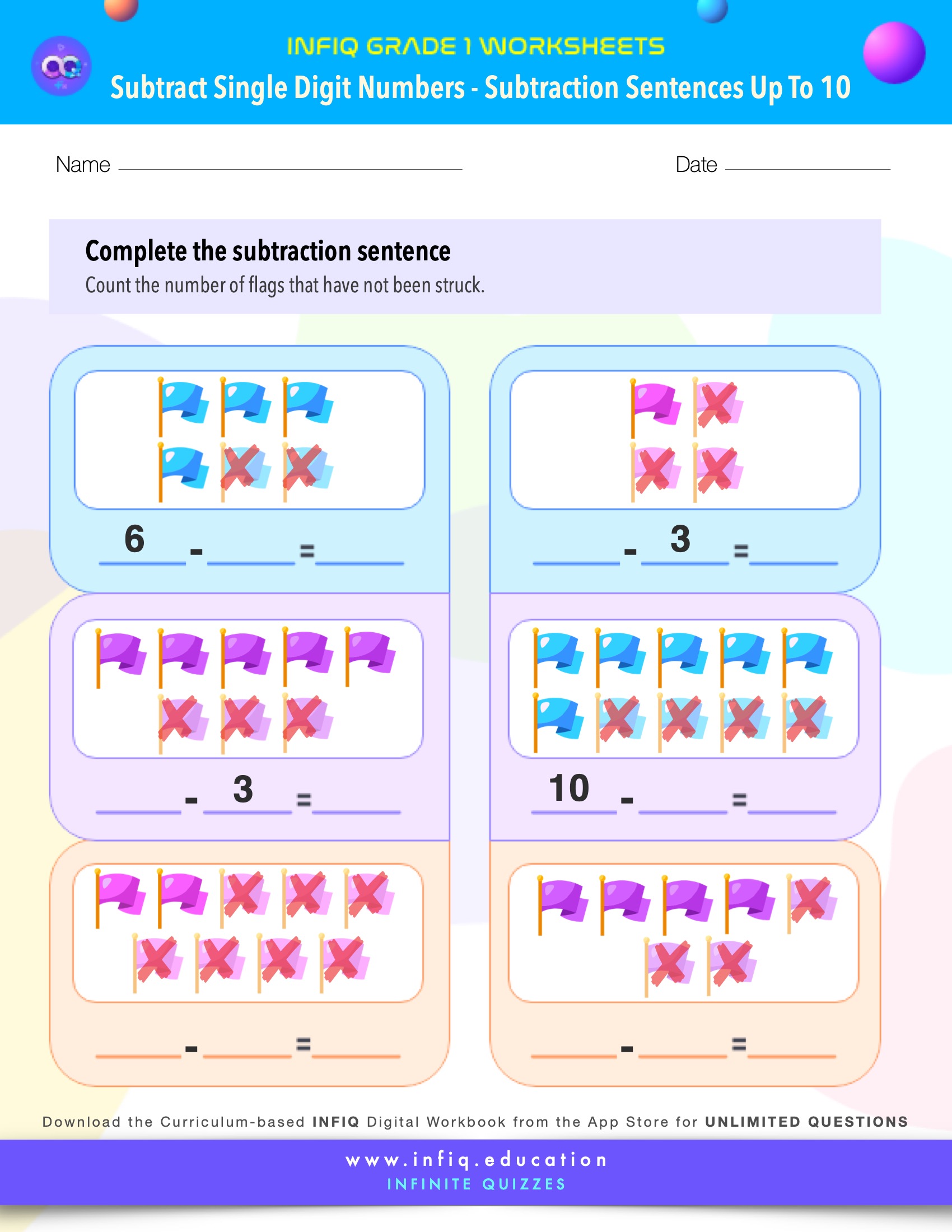 INFIQ | GRADE 1 Math Worksheets- Subtract Single Digit Numbers ...