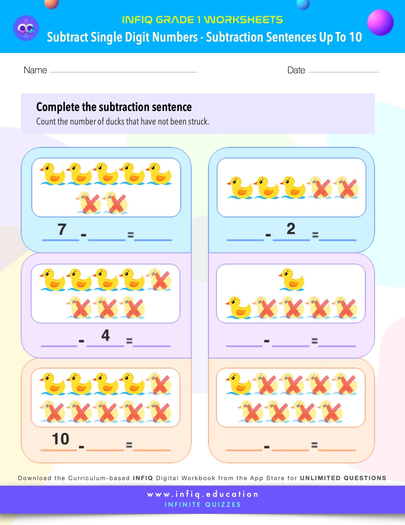 INFIQ | GRADE 1 Math Worksheets- Subtract Single Digit Numbers ...