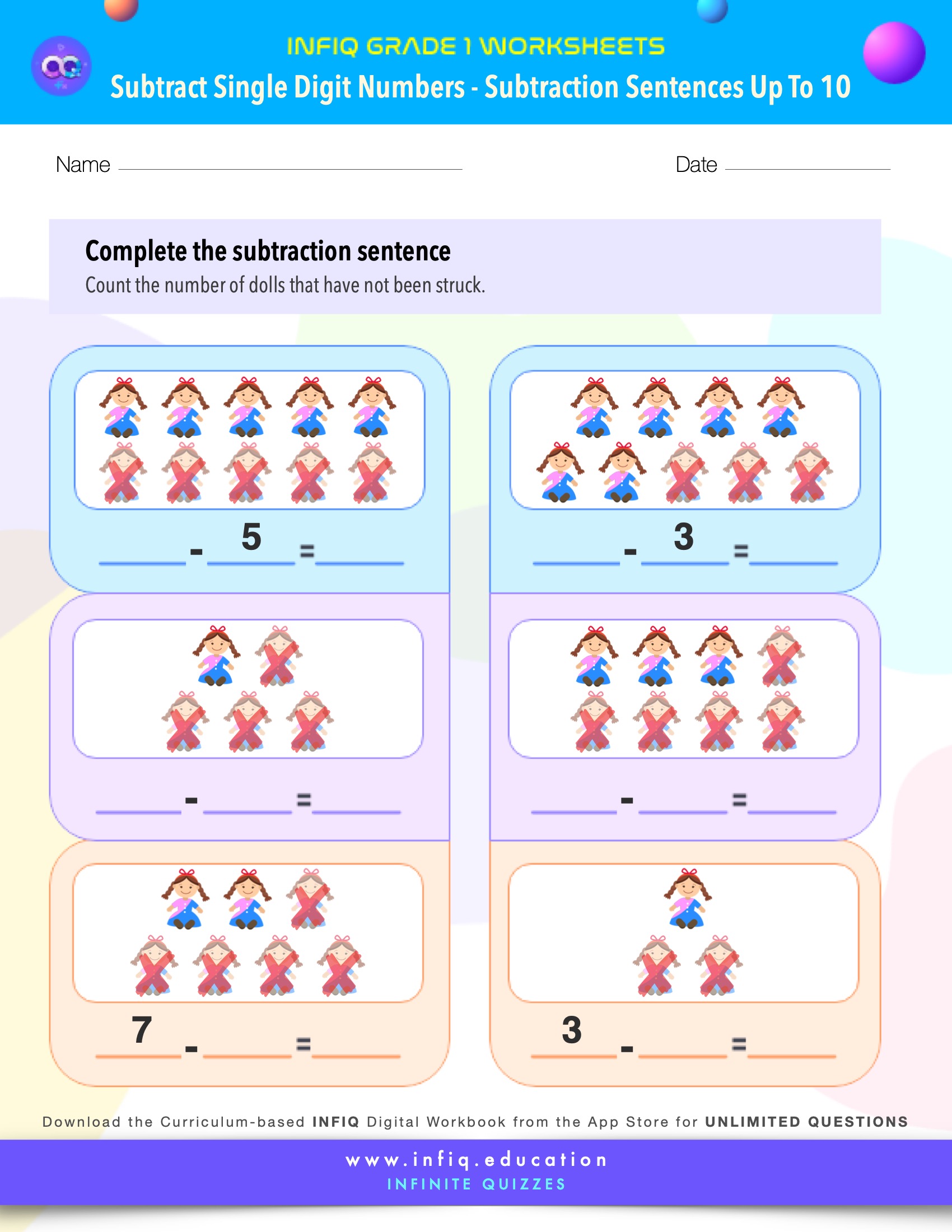 INFIQ | GRADE 1 Math Worksheets- Subtract Single Digit Numbers ...