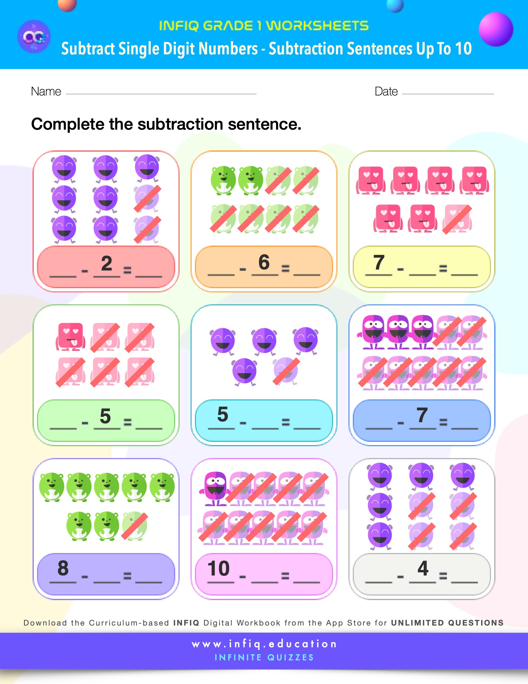 INFIQ | GRADE 1 Math Worksheets- Subtract Single Digit Numbers ...