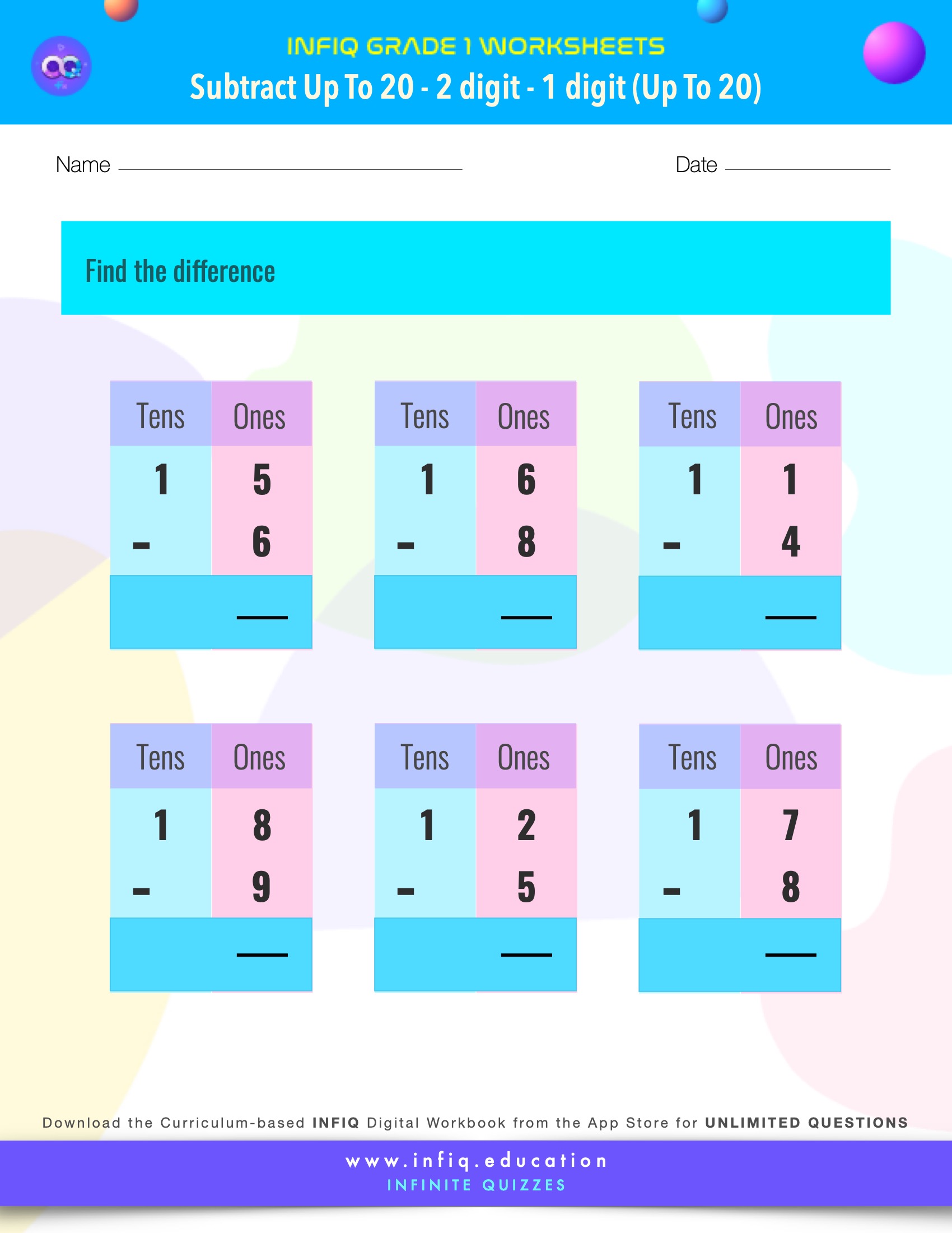 INFIQ | GRADE 1 Math Worksheets- Subtract up to 20 - 2 Digit – 1 Digit ...