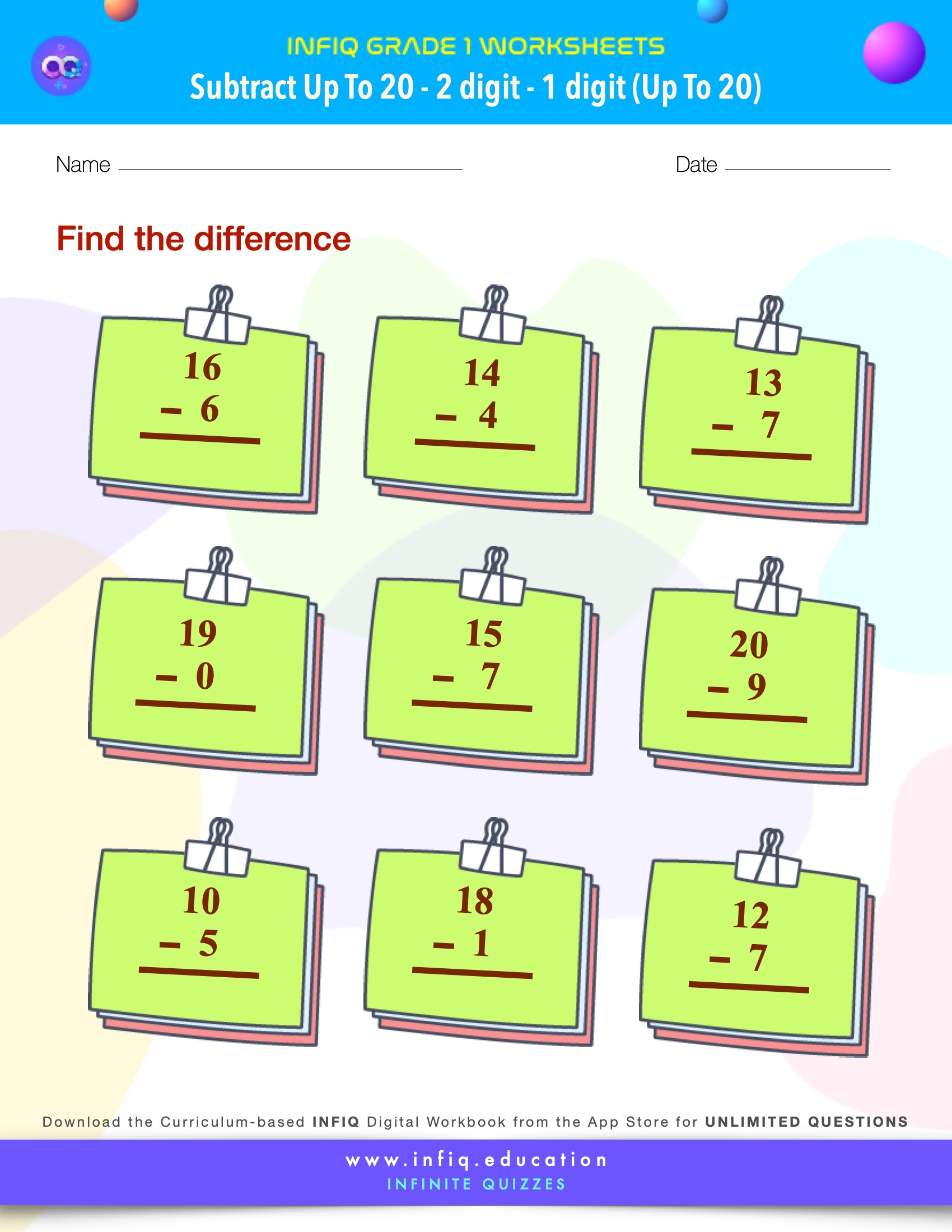 INFIQ | GRADE 1 Math Worksheets- Subtract up to 20 - 2 Digit – 1 Digit ...
