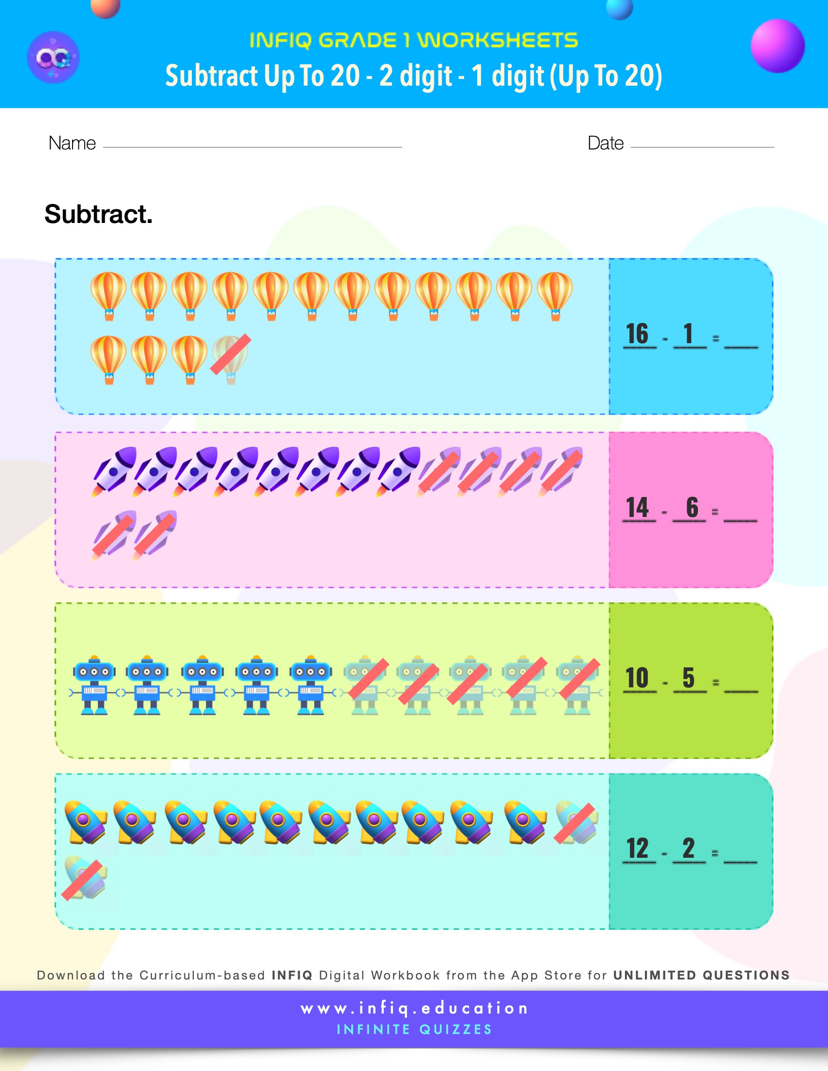 INFIQ | GRADE 1 Math Worksheets- Subtract up to 20 - 2 Digit – 1 Digit ...