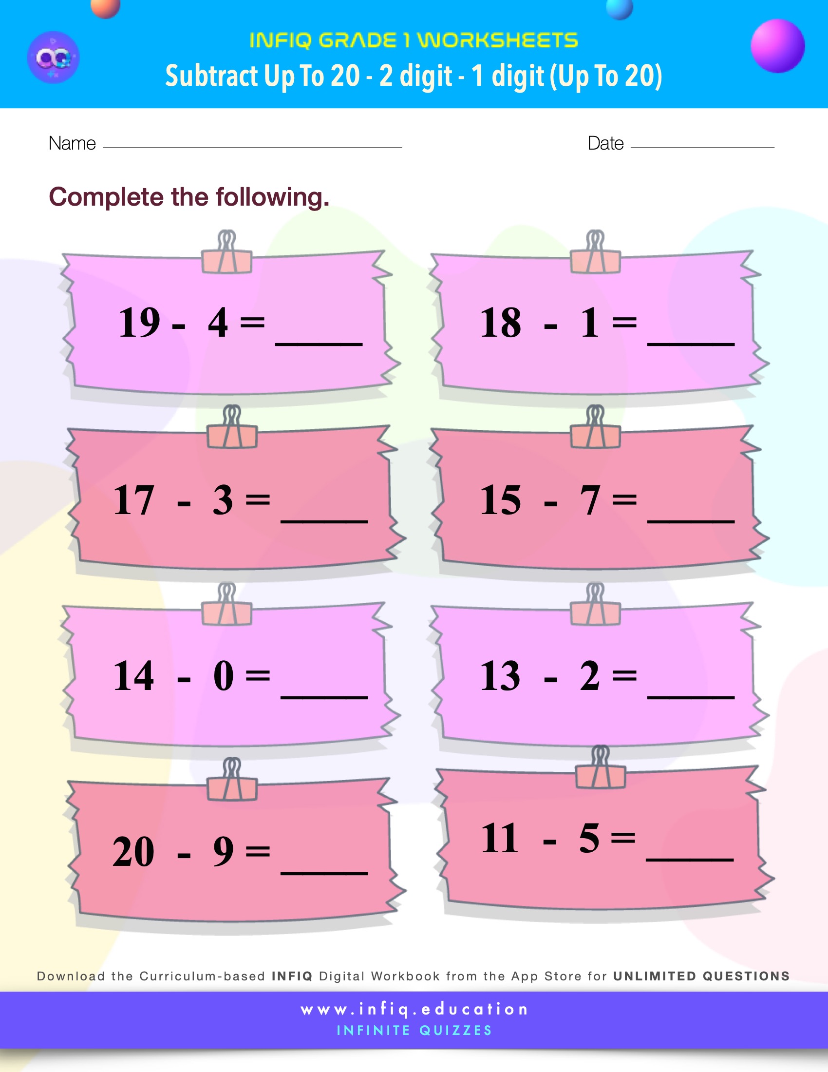 INFIQ | GRADE 1 Math Worksheets- Subtract up to 20 - 2 Digit – 1 Digit ...
