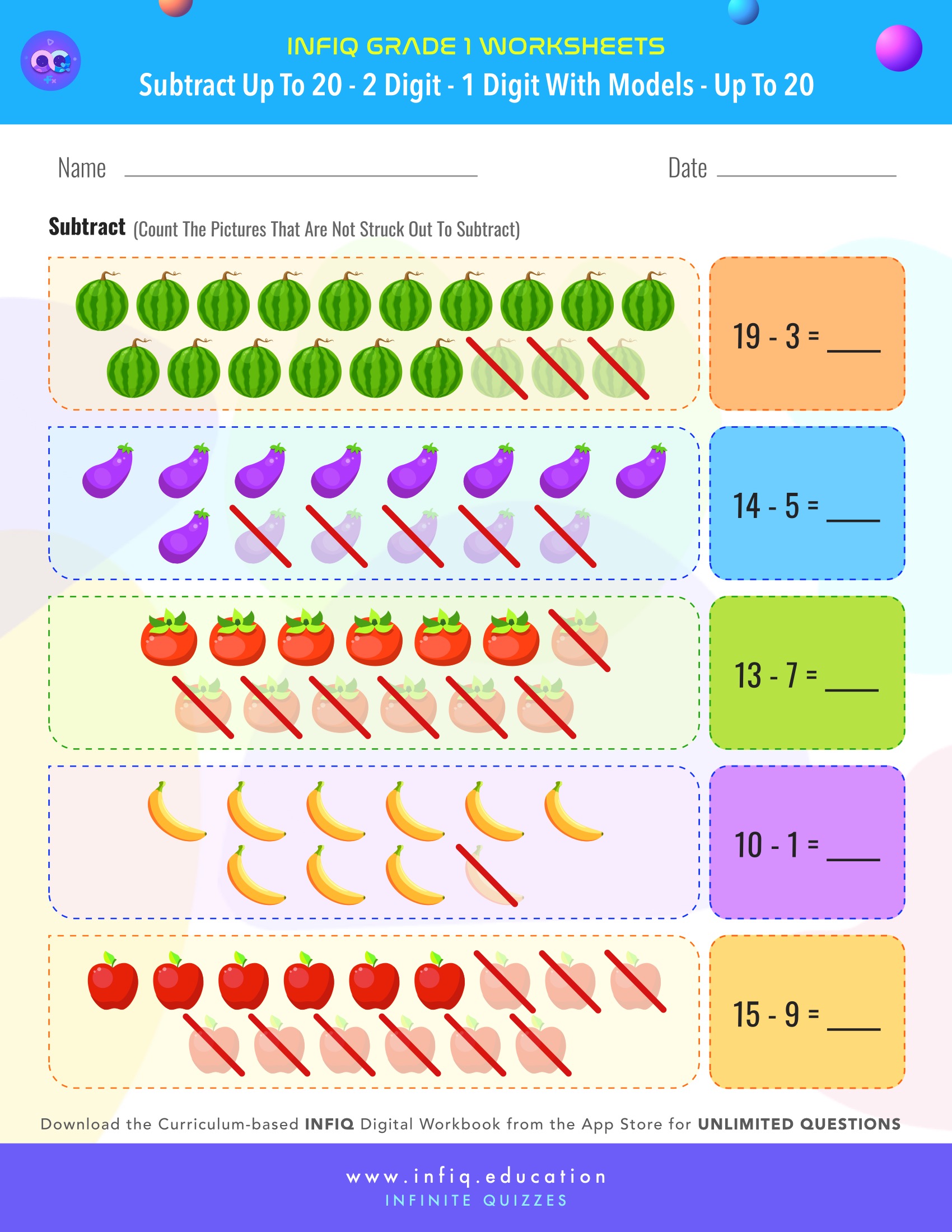 INFIQ | GRADE 1 Math Worksheets- Subtract up to 20 - 2 Digit – 1 Digit ...