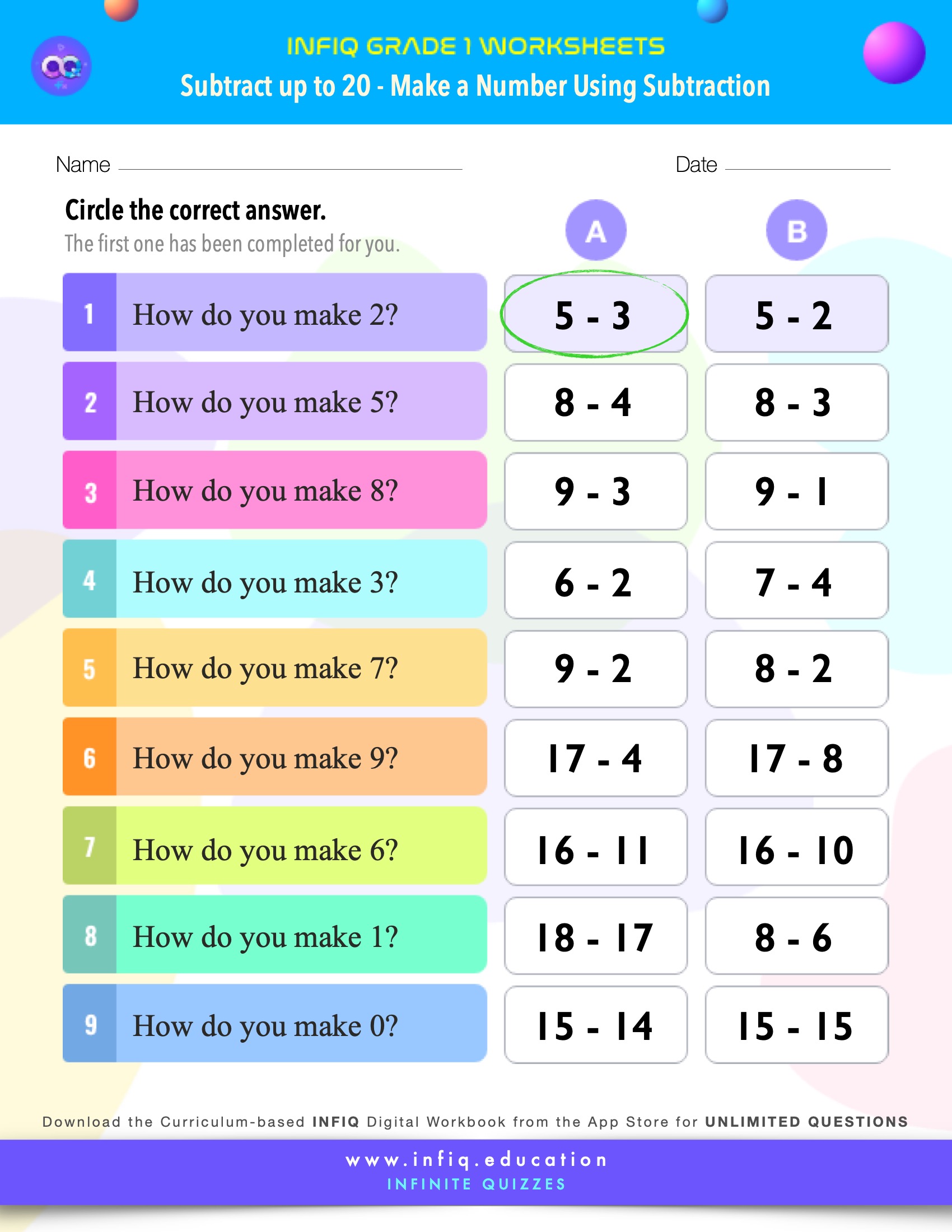 INFIQ | GRADE 1 Math Worksheets- Subtract up to 20 - Make a Number ...