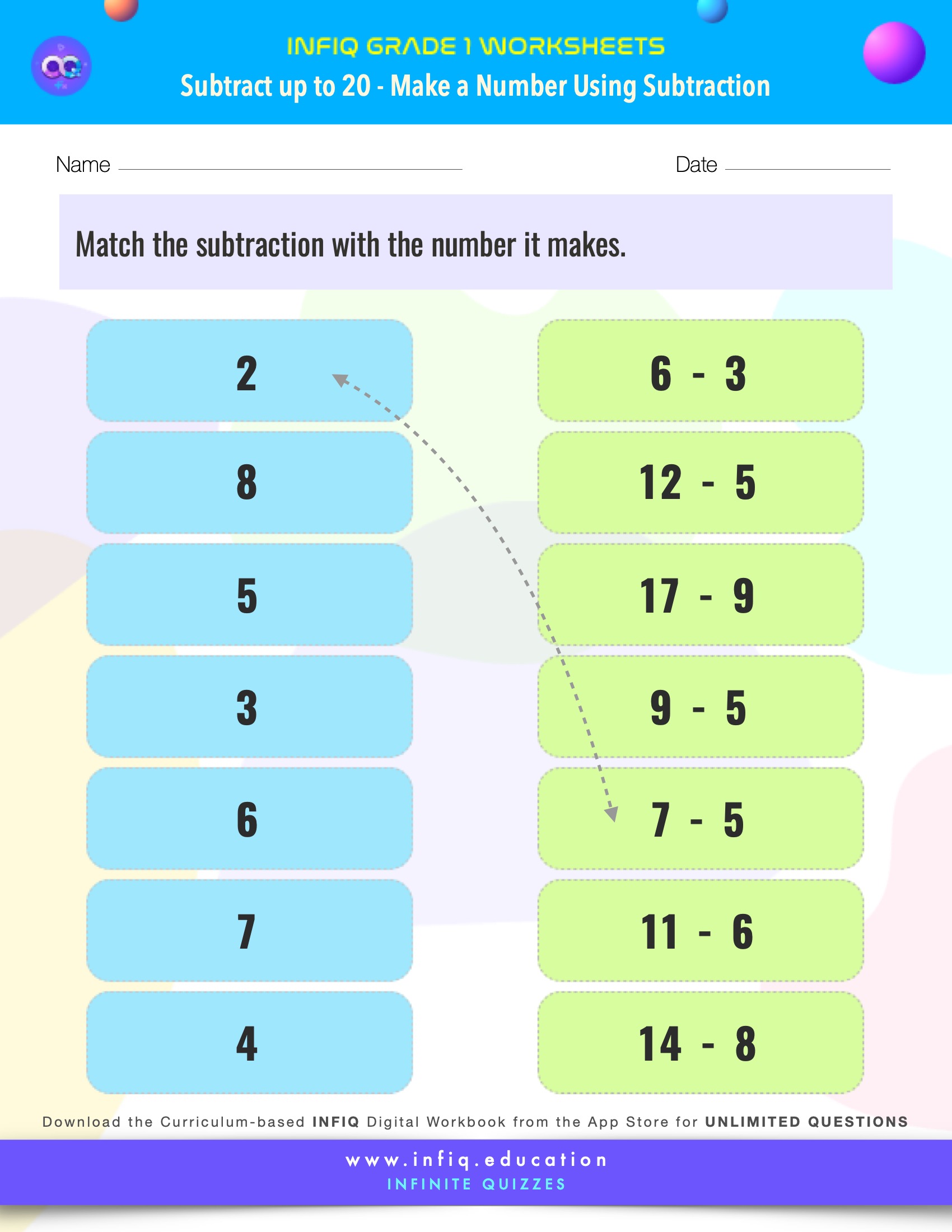 INFIQ | GRADE 1 Math Worksheets- Subtract up to 20 - Make a Number ...