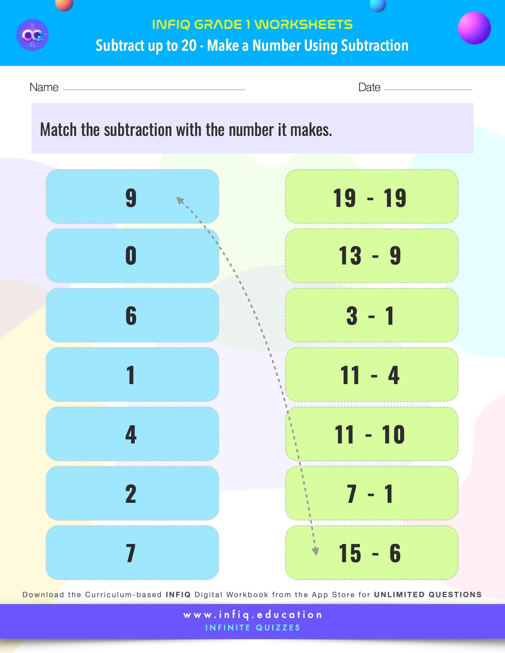 INFIQ | GRADE 1 Math Worksheets- Subtract up to 20 - Make a Number ...