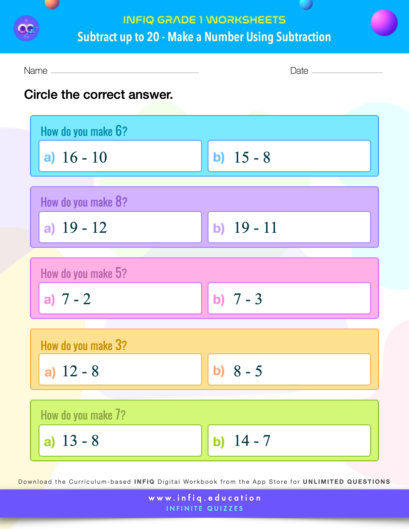 INFIQ | GRADE 1 Math Worksheets- Subtract up to 20 - Make a Number ...