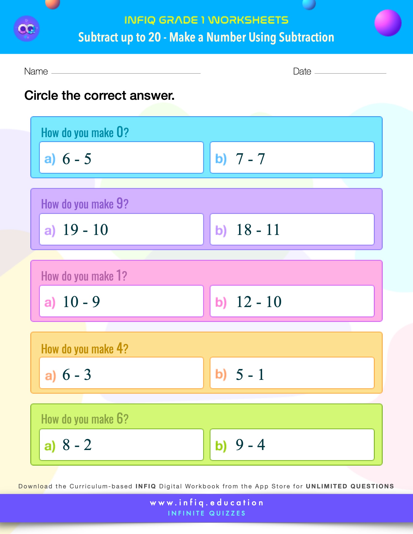 INFIQ | GRADE 1 Math Worksheets- Subtract up to 20 - Make a Number ...