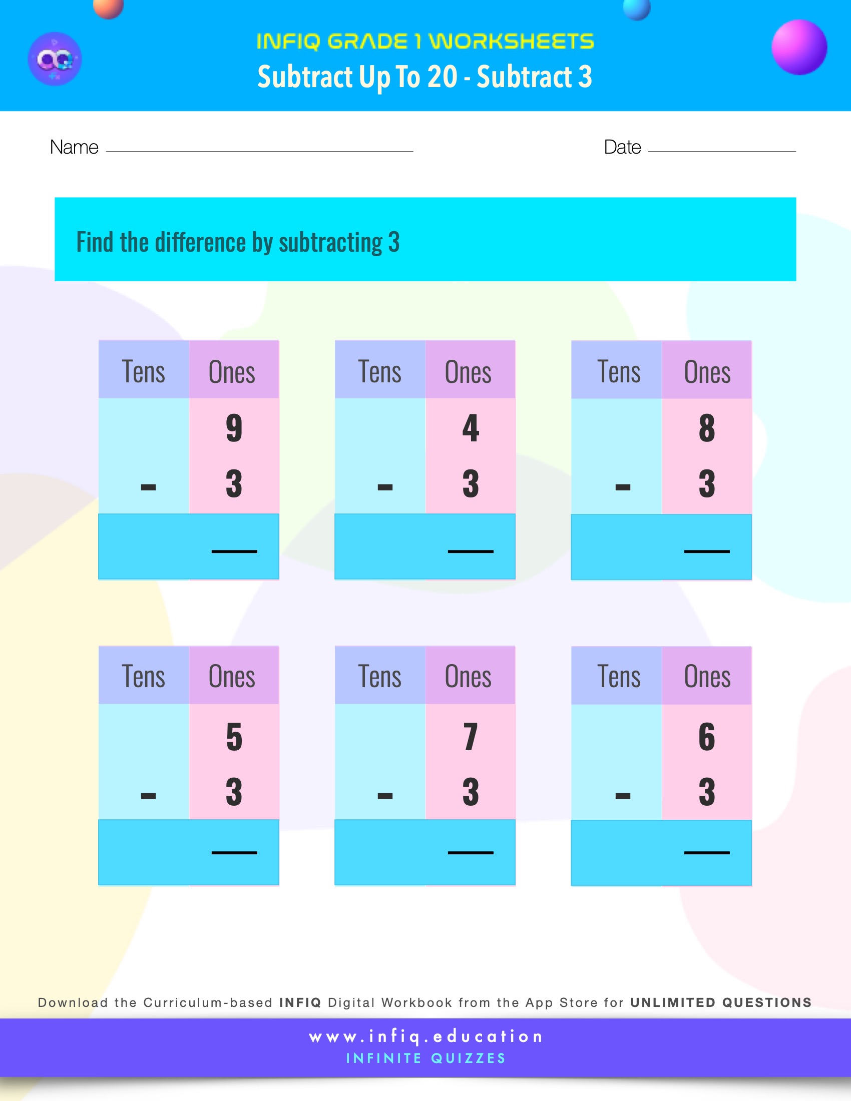 INFIQ | GRADE 1 Math Worksheets- Subtract up to 20 - Subtract 3