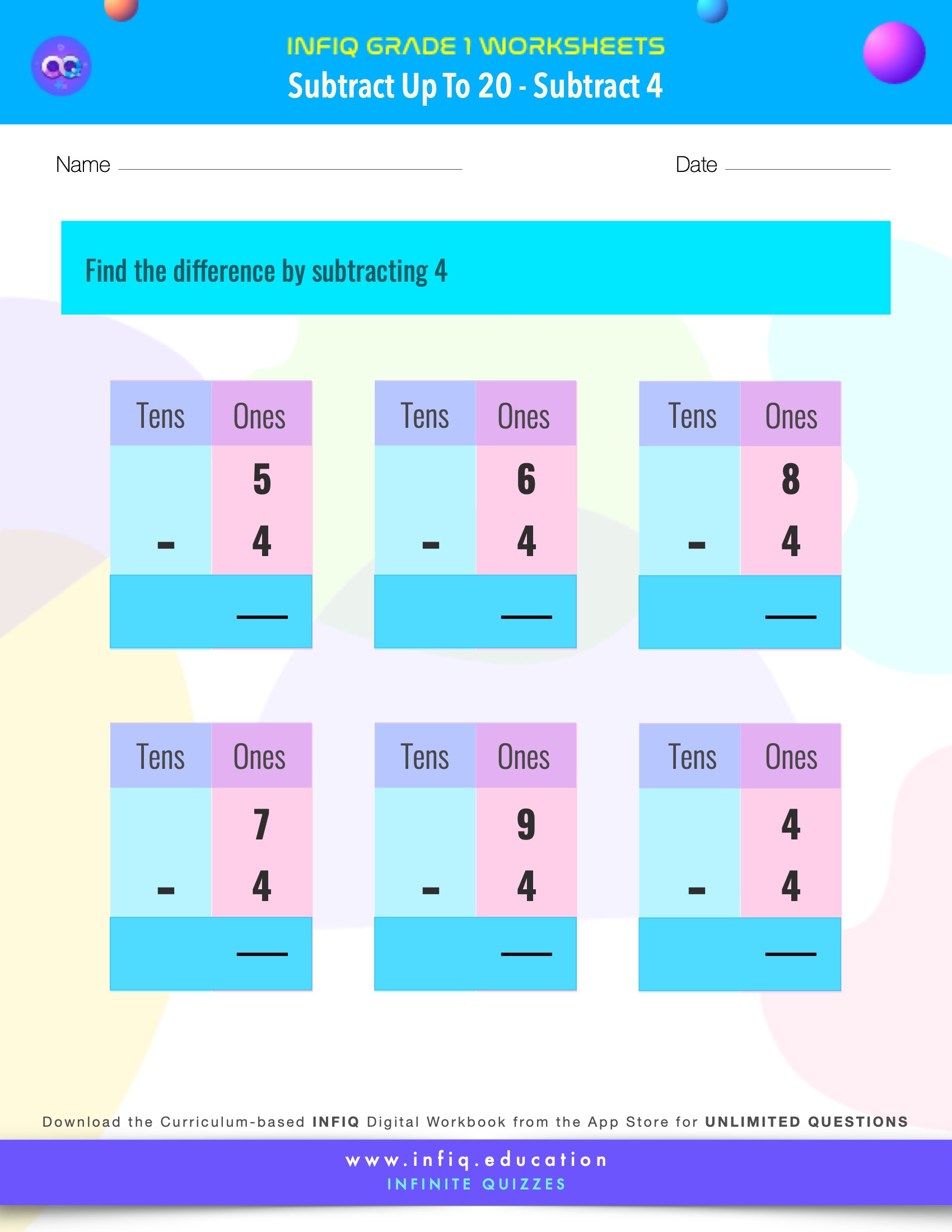 INFIQ | GRADE 1 Math Worksheets- Subtract up to 20 - Subtract 4